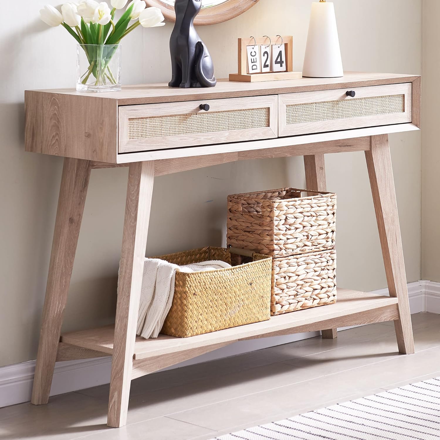 Amazon.com: OKD Entryway Table with Natural Rattan Storage Drawers Mid Century Modern Console ...