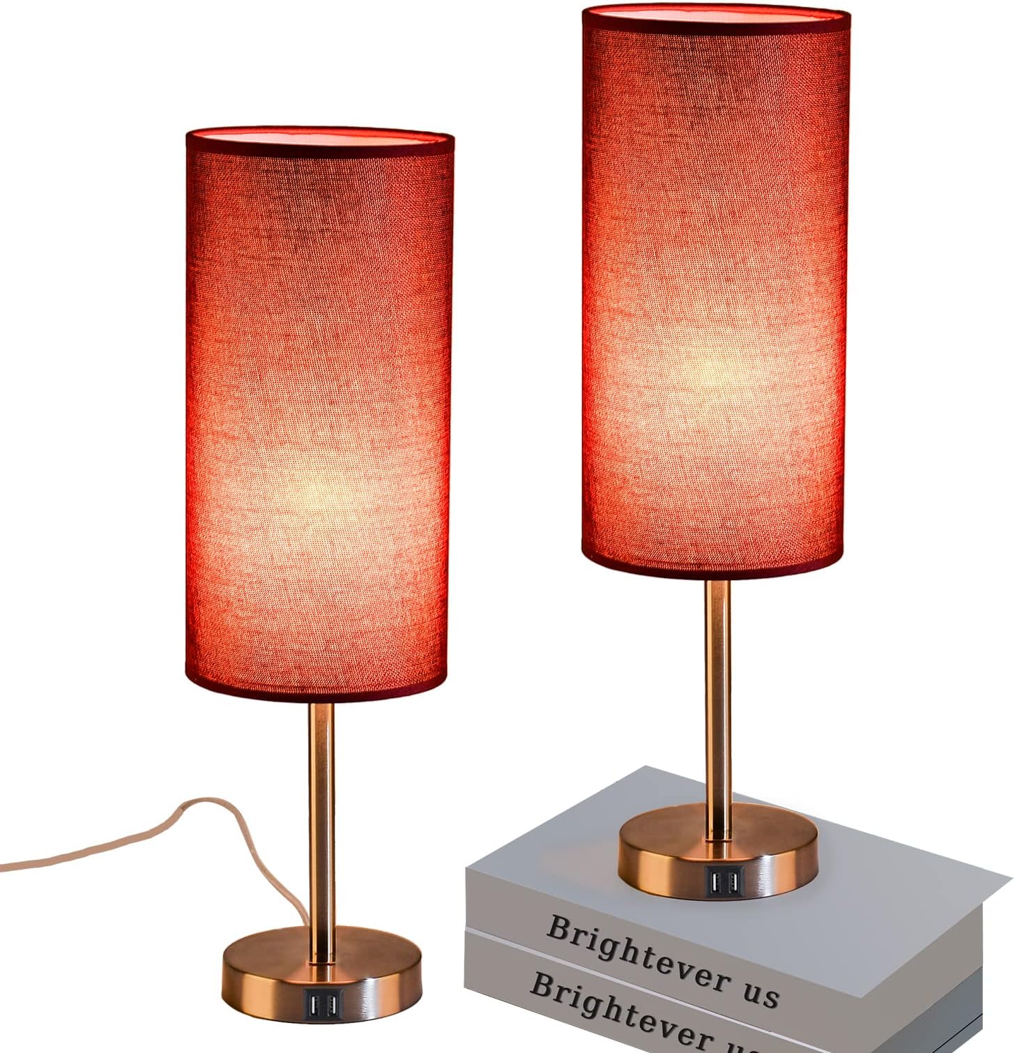 wangpengkai Red Bedside Lamps Set of 2 with USB Charging Port,Small ...