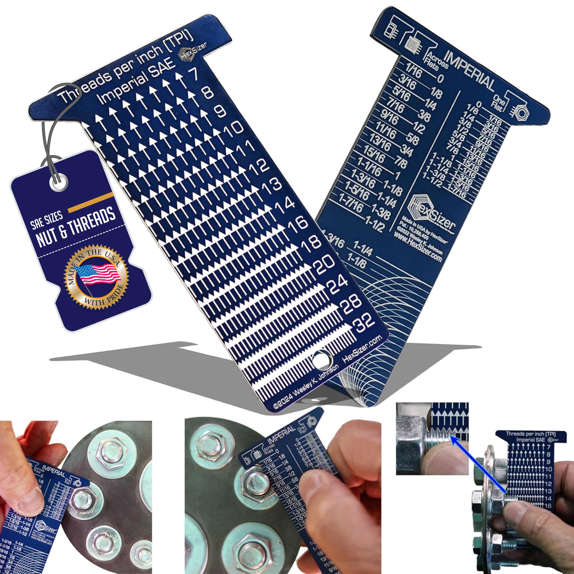 HexSizer - SAE Hex Nut and Bolt Size Gauge Tool & Inch Thread Pitch ...