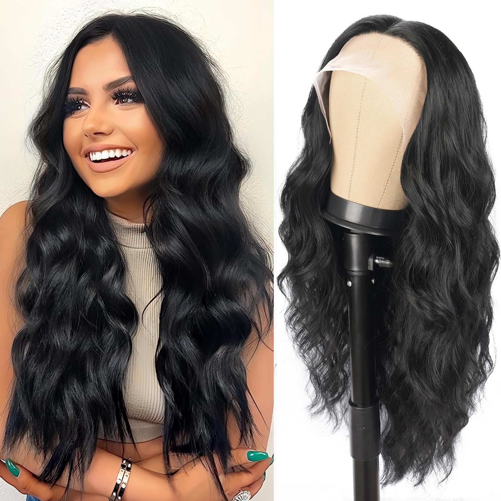 Amazon.com : BESSY HAIR Black Lace Front Wig 13x3.5 T Part Curly Wavy ...