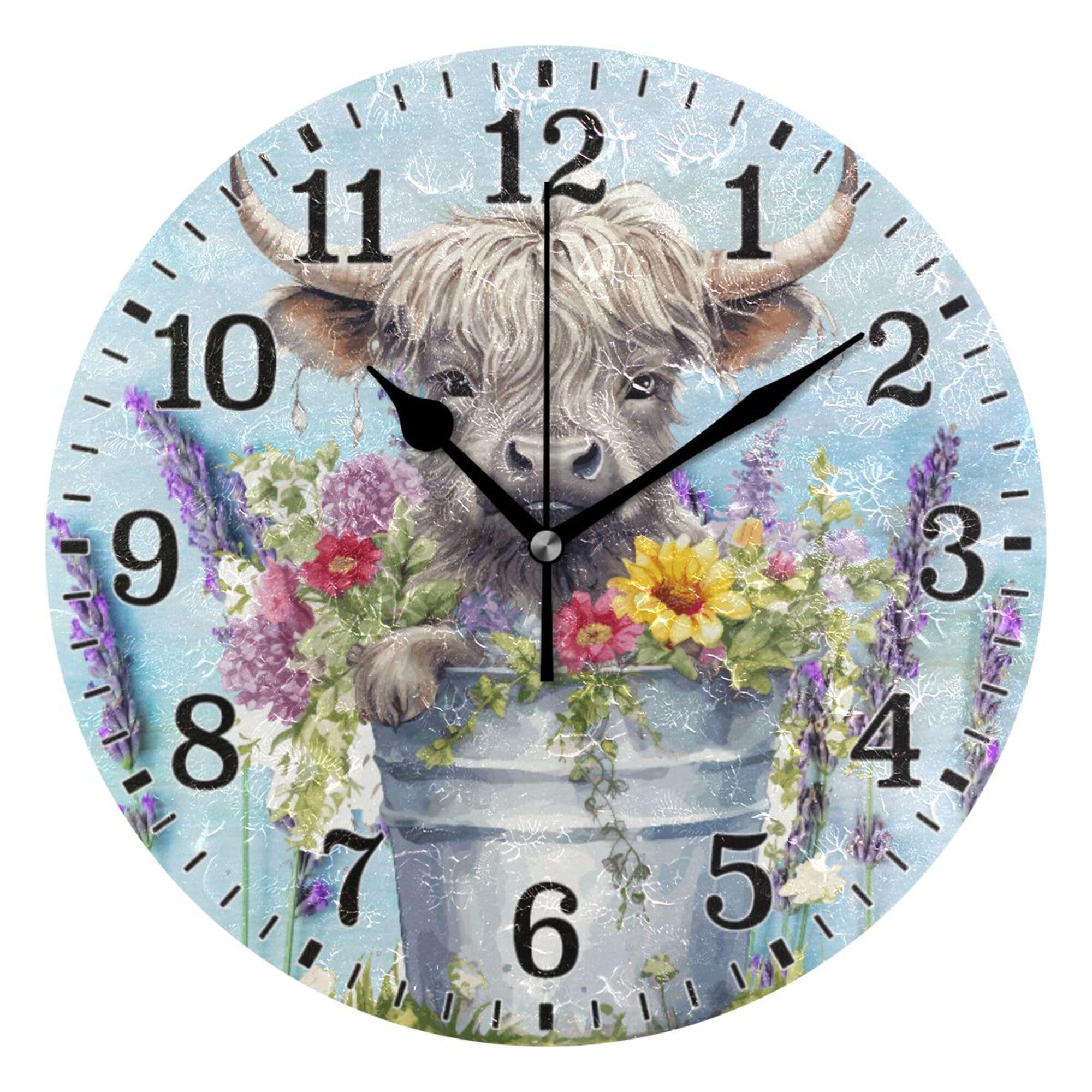 Amazon.com: JUNZAN Clock Cute Highland Cow with Sunflowers Bathroom ...