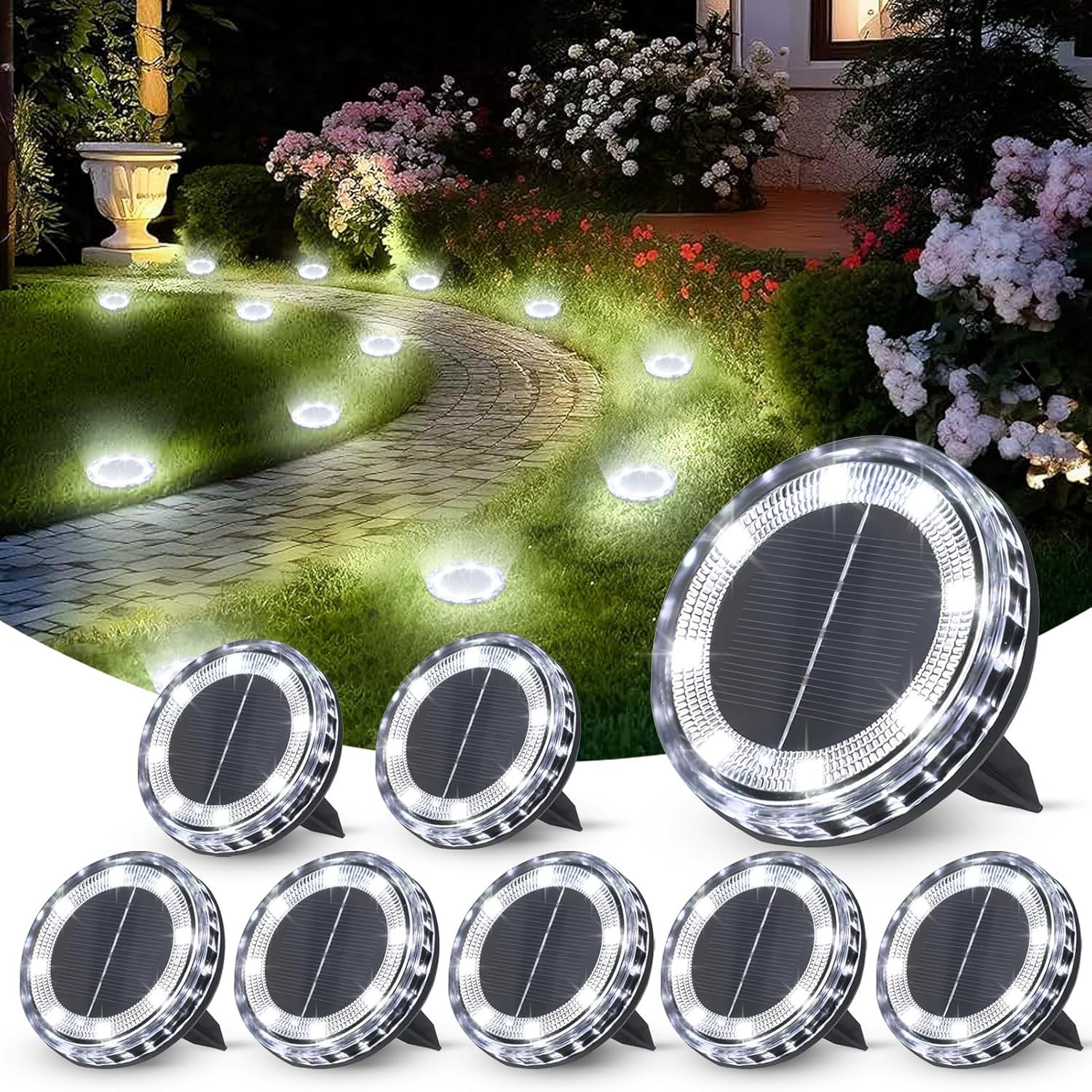 QIHANS 8 Pack Solar Ground Lights Outdoor Waterproof, 8 LED Solar Disc ...