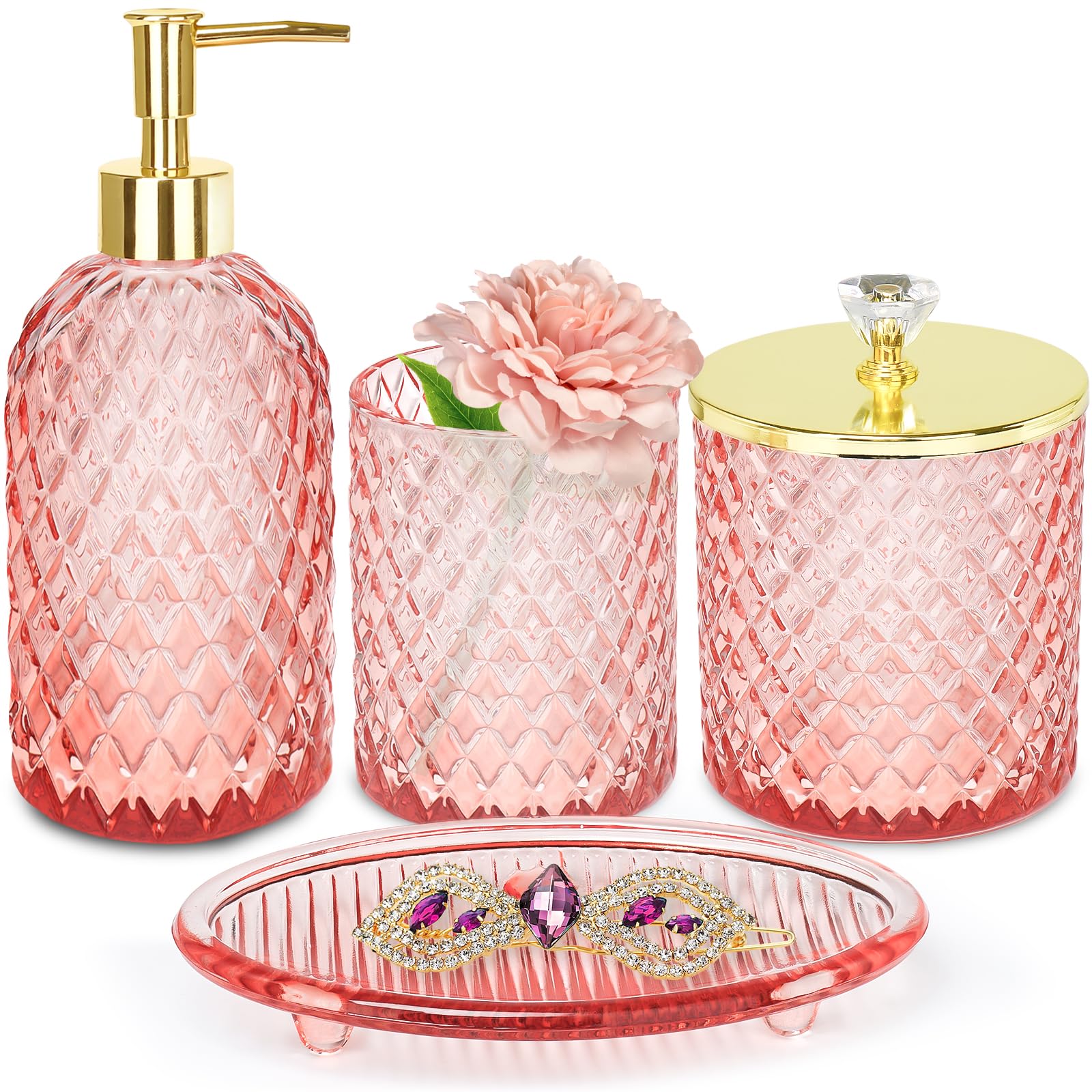 Amazon.com: Haturi Pink Bathroom Accessories Set, 4 Pcs Glass Bathroom Accessory Set Complete w ...