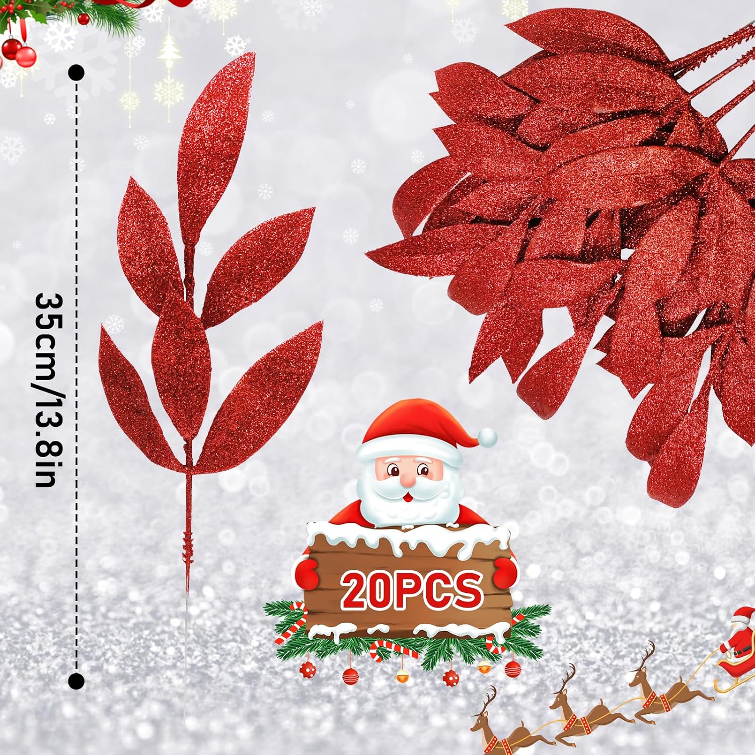 20 hojas artificiales rojas con purpurina, hojas de purpurina roja de ...