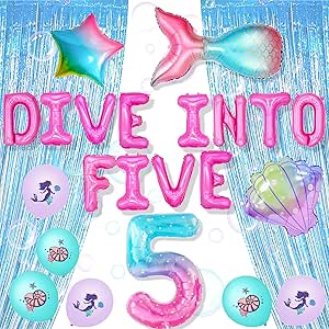 Amazon.com: LaVenty Mermaid Dive Into Five Birthday Decoration Balloons Under The Sea 5th ...