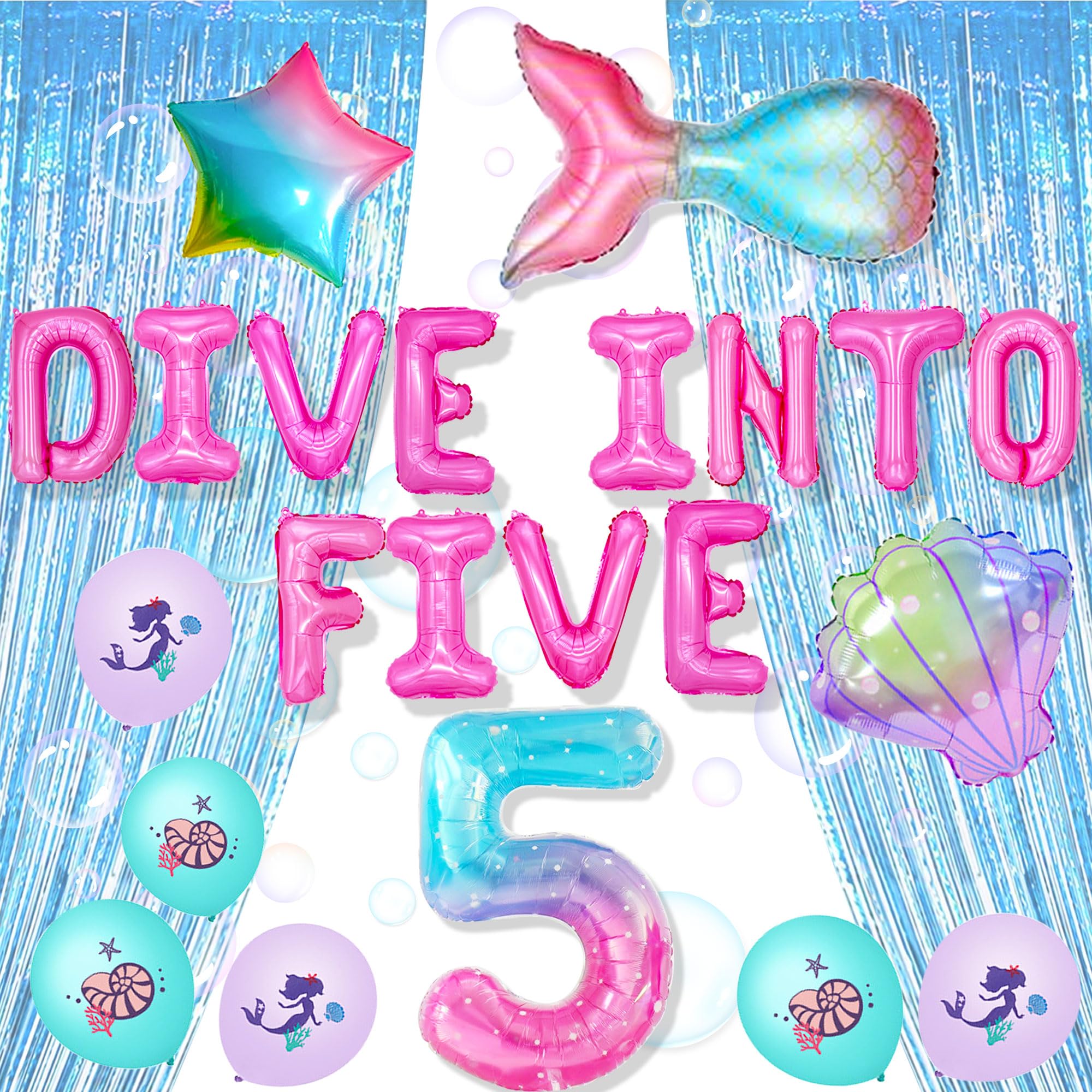 Amazon.com: LaVenty Mermaid Dive Into Five Birthday Decoration Balloons ...