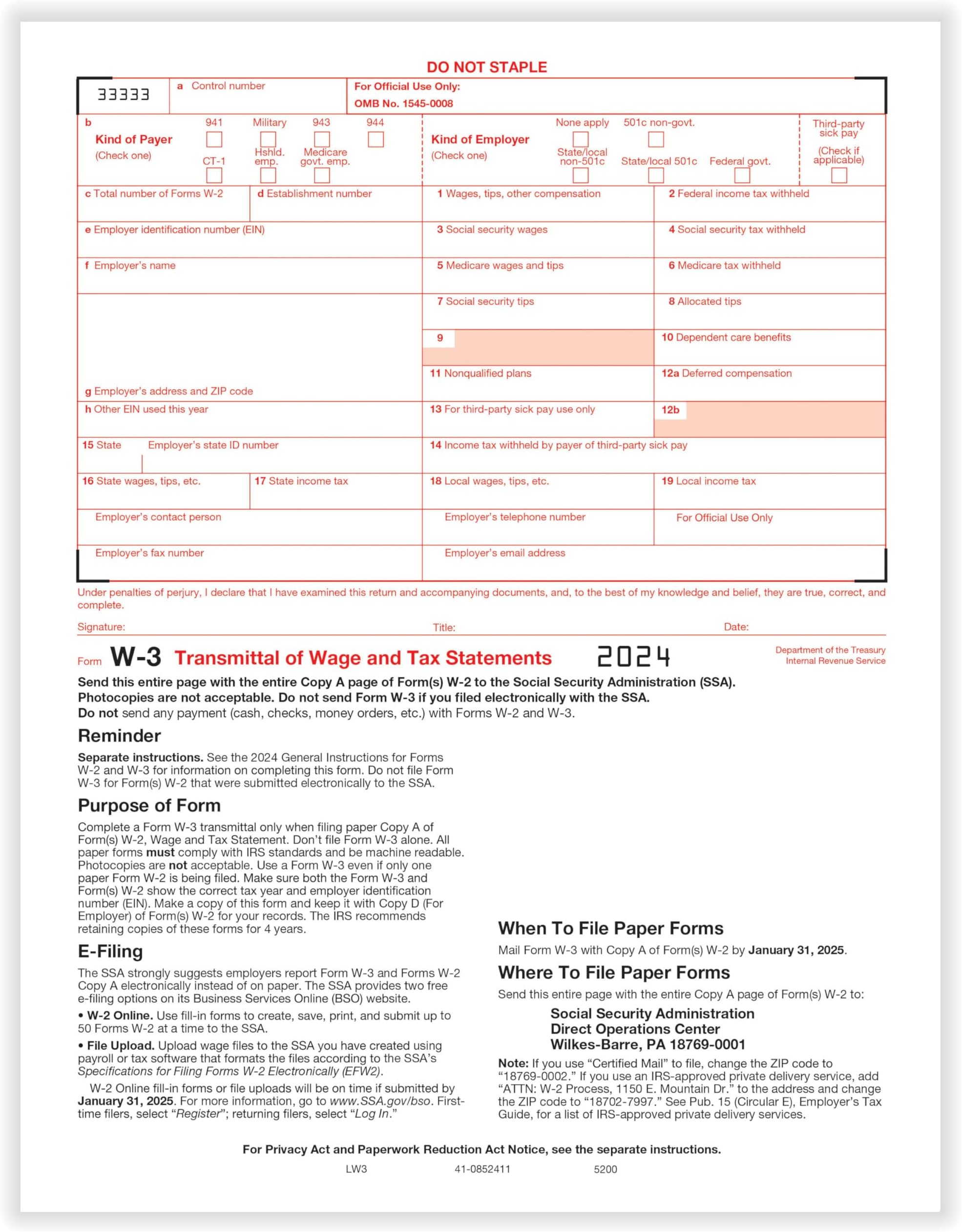 Amazon.com : W-3 Transmittal of Income Tax Form, Pack of 25 : Office ...
