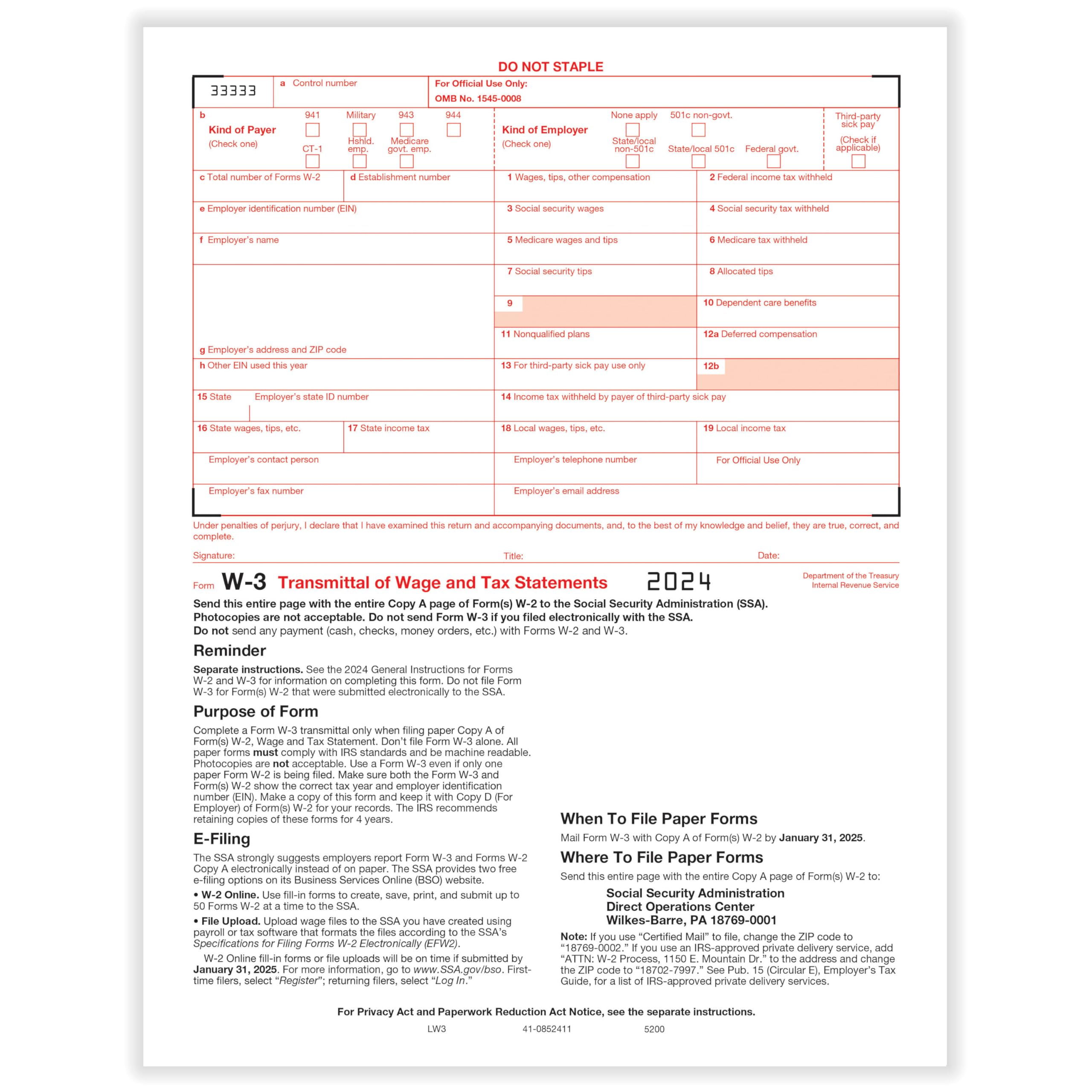Amazon.com : W-3 Transmittal of Income Tax Form, Pack of 25 : Office ...