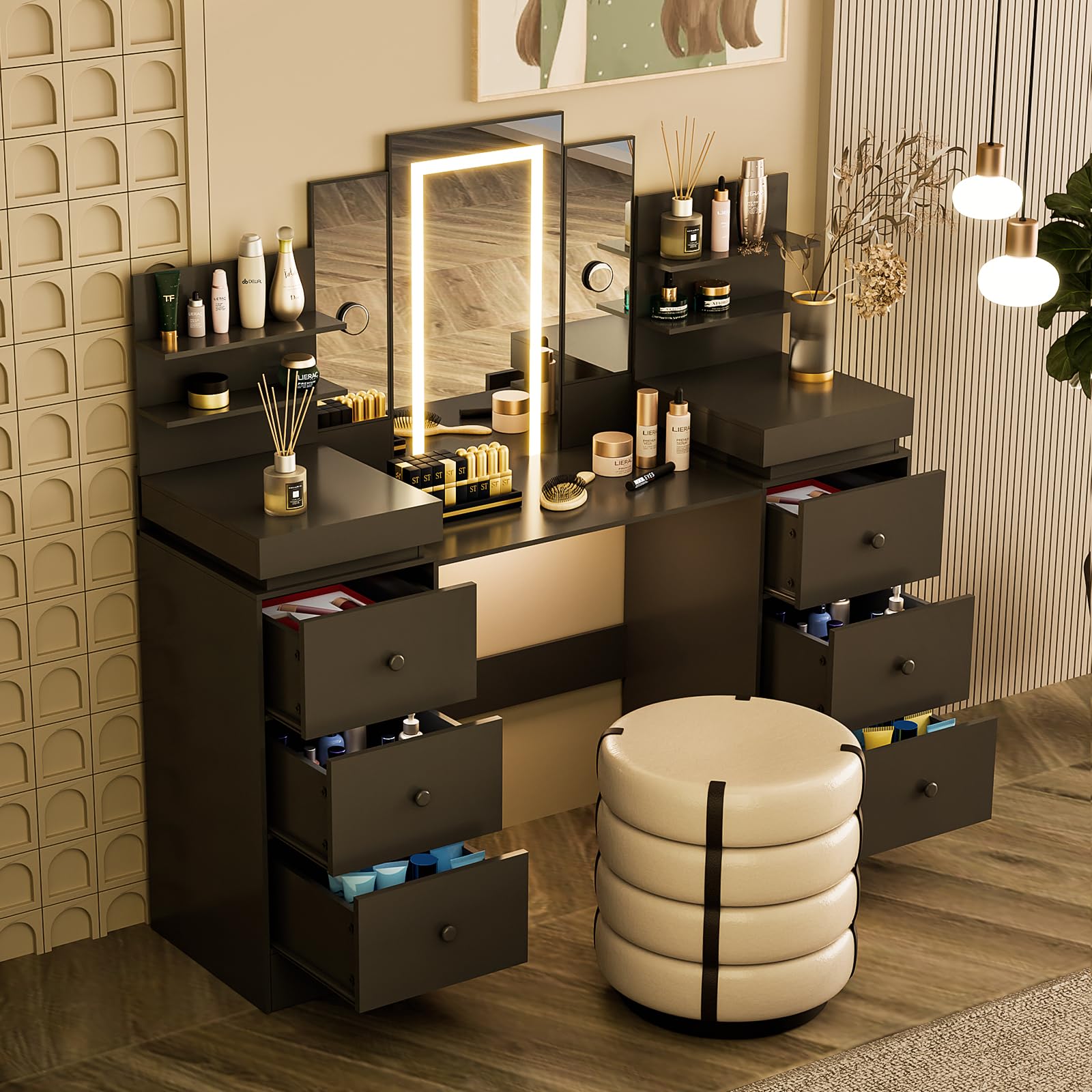 Amazon.com: Vanity with Lighted Mirror - Makeup Vanity Desk with Open ...