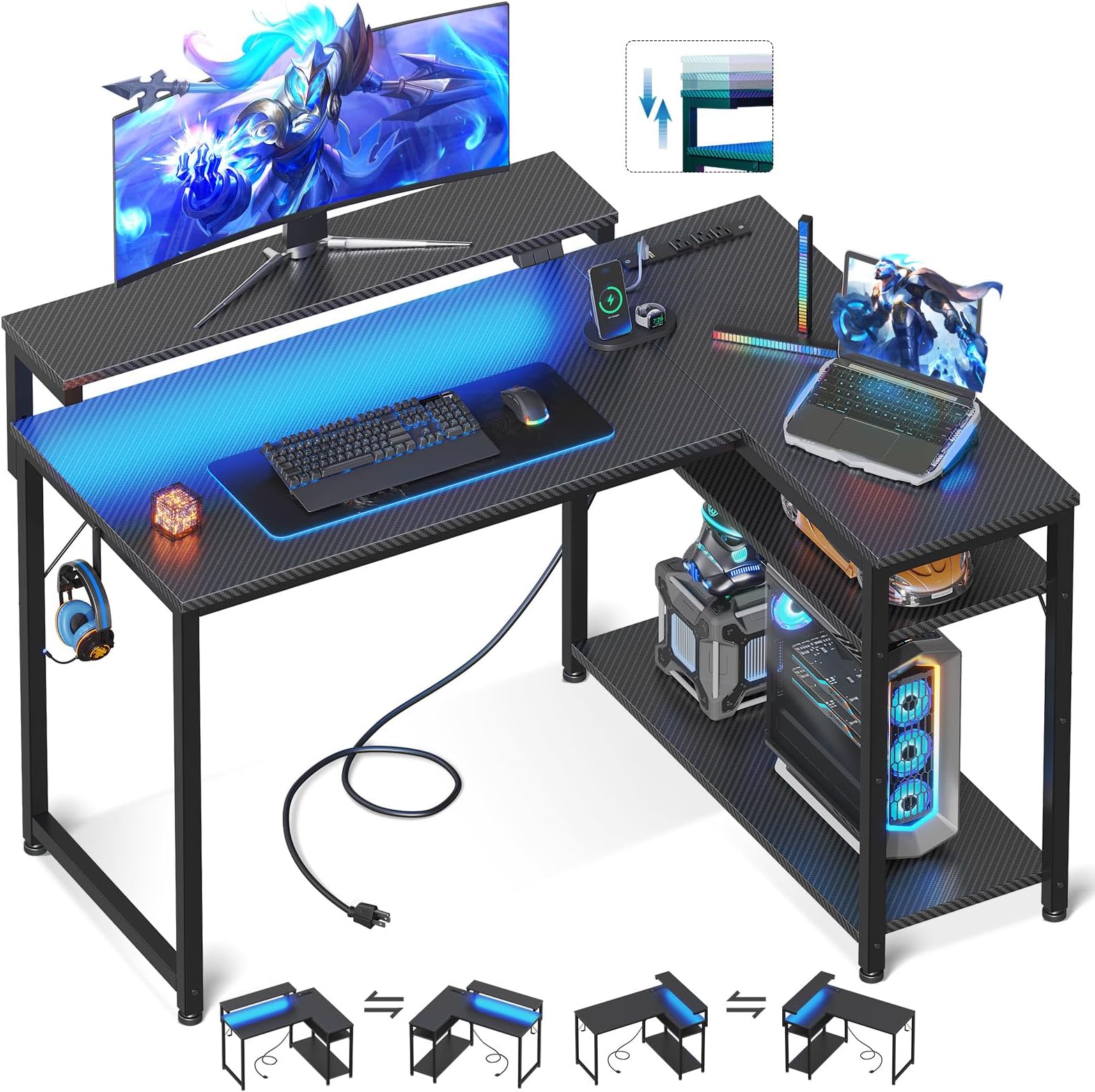 Amazon.com: SEVEN WARRIOR L Shaped Gaming Desk with LED Lights & Power ...