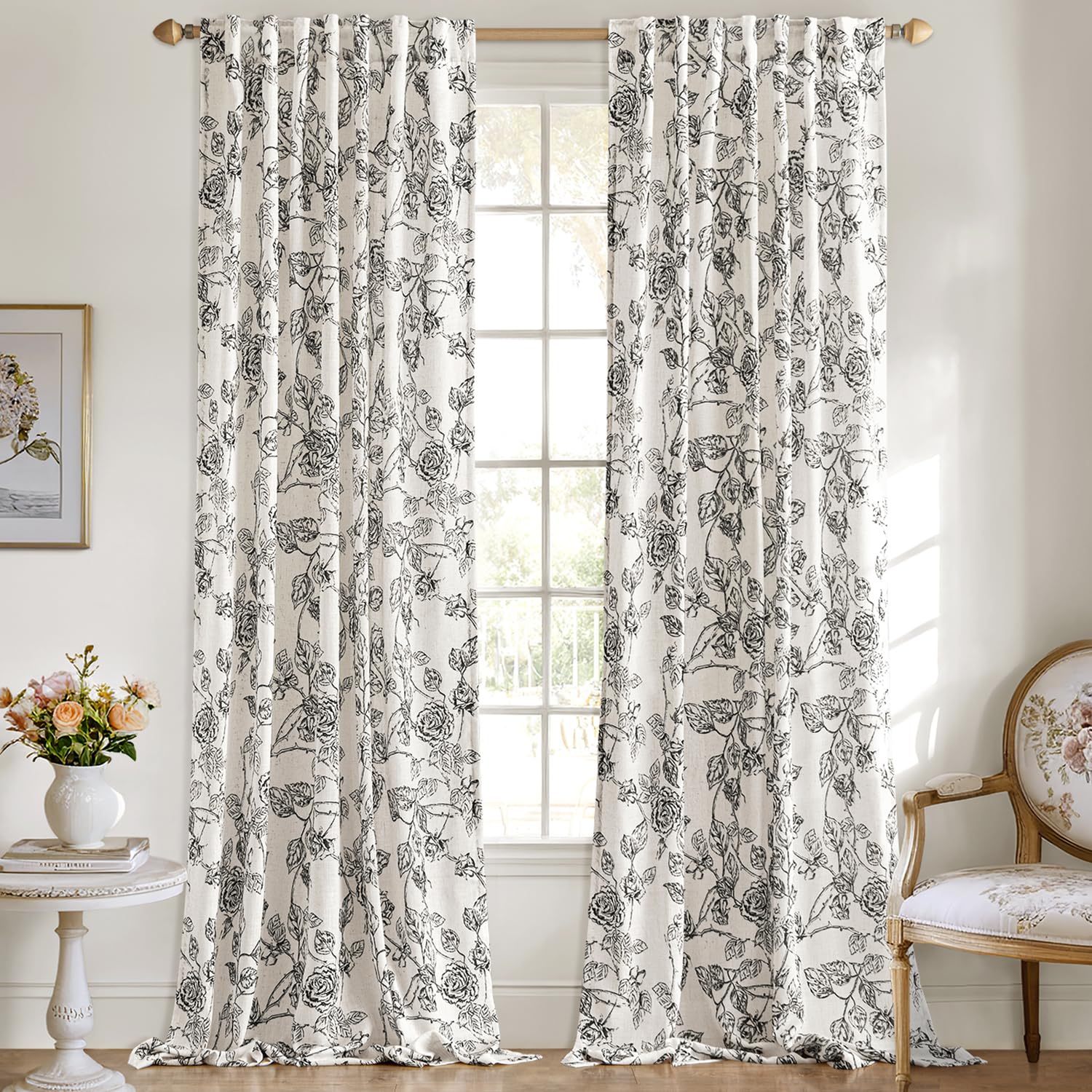 Amazon.com: ANRODUO Vintage Curtains Black Floral Patterned Linen ...