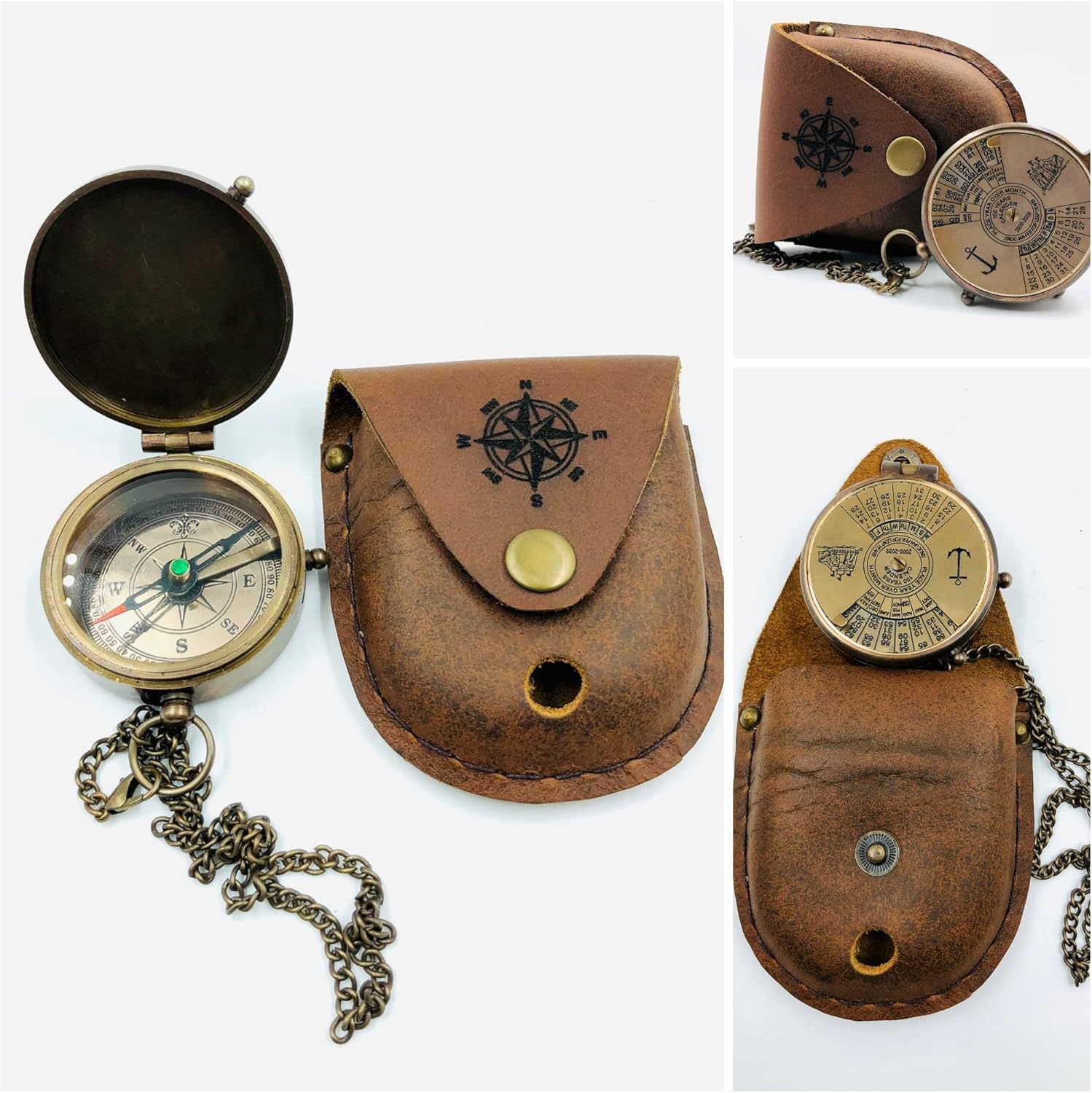 Amazon.com : Antique Brass Flat Compass with Leather Case and Chain ...