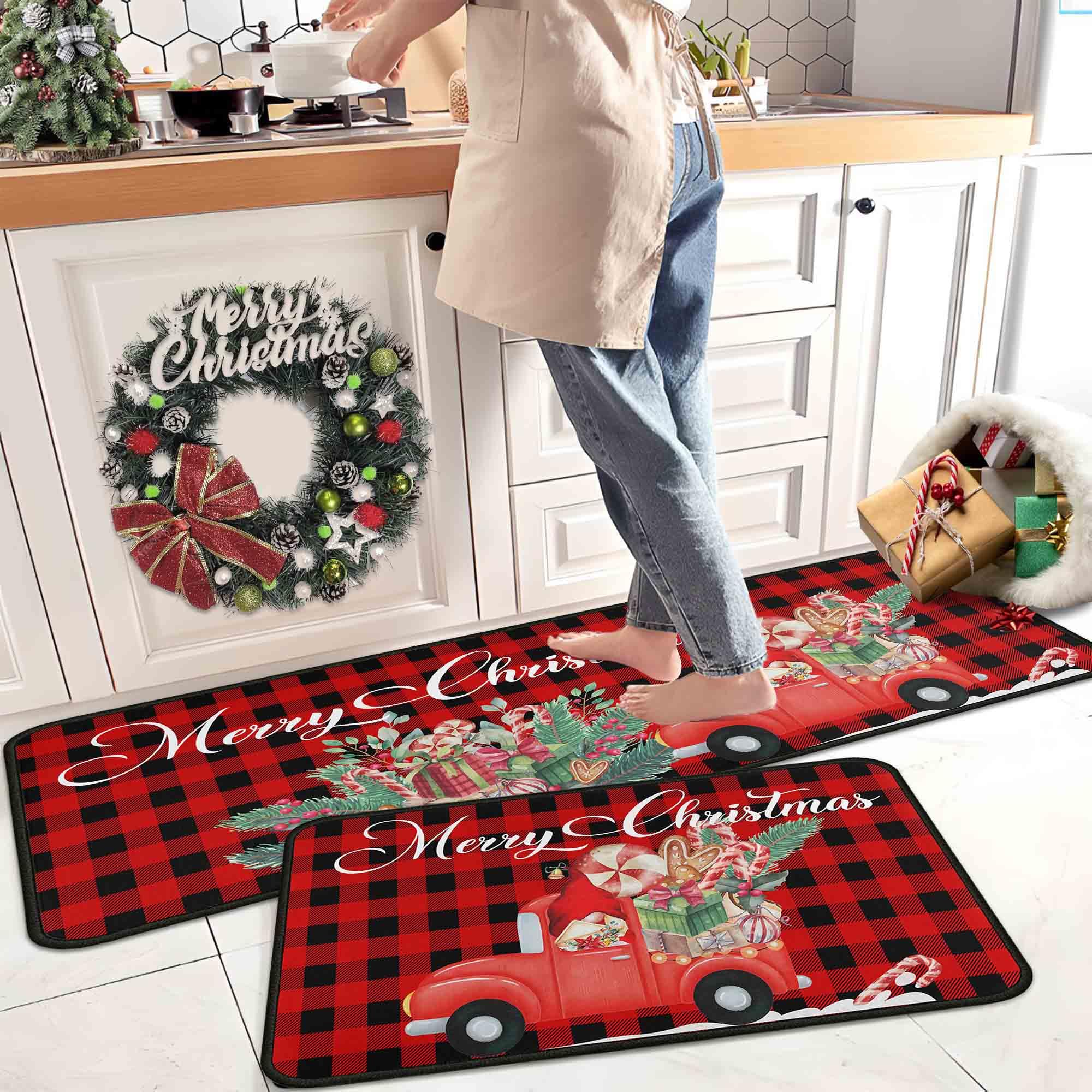 Amazon.com: Buffalo Plaid Red Truck Christmas Kitchen Rugs 2 PCS, Merry ...