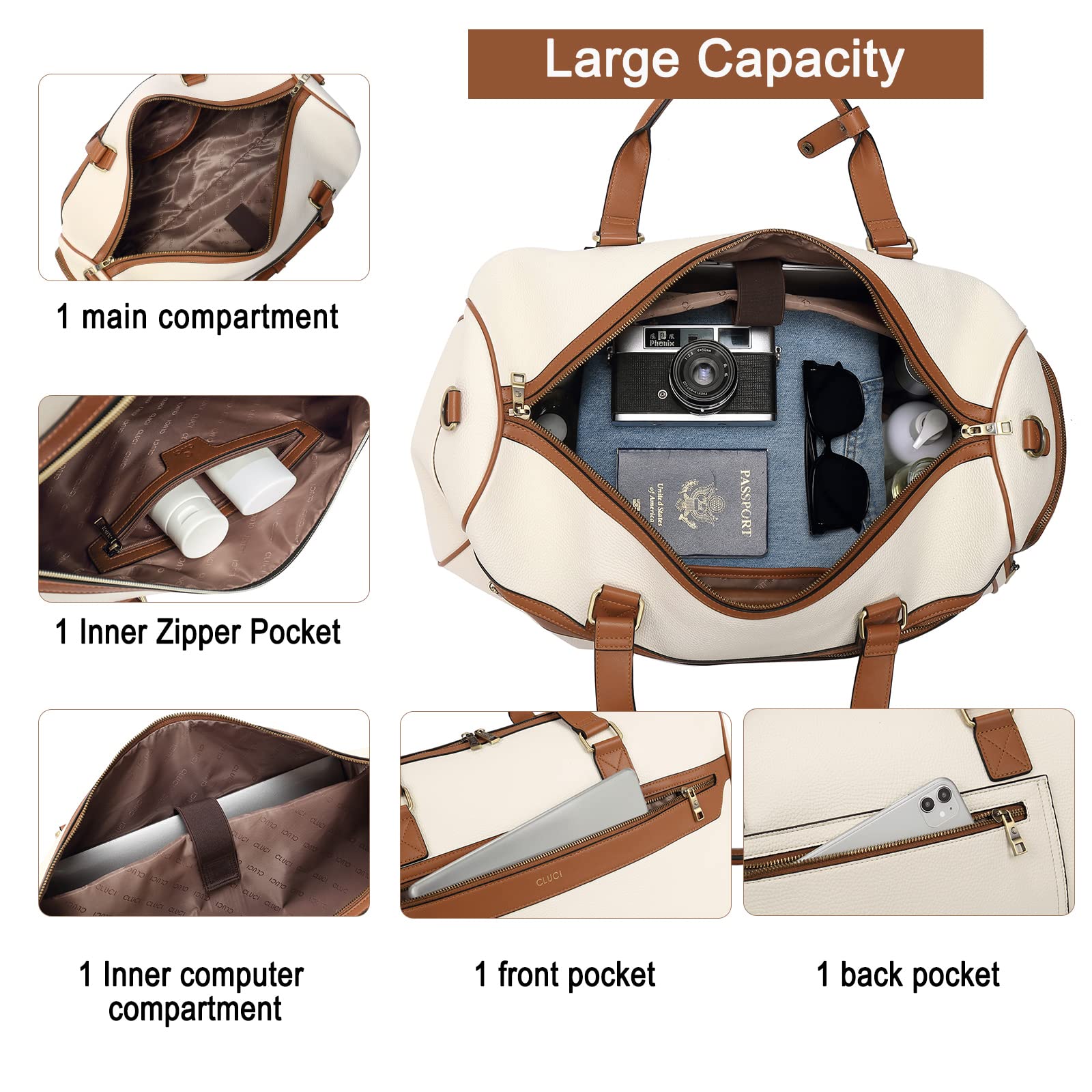 CLUCI Weekender Bags for Women Leather Duffle Bag for Travel Carry On ...