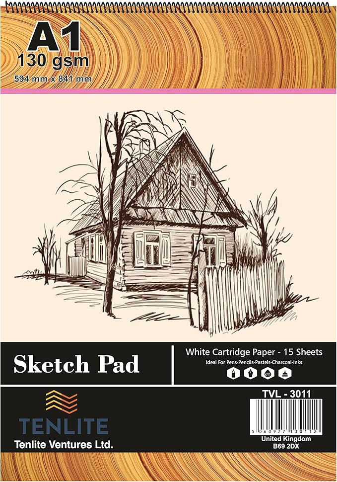 A1 Sketch Pad 15 Sheets of 130GSM White Cartridge Paper, Spiral Bound Artist Sketch Pad Book ...