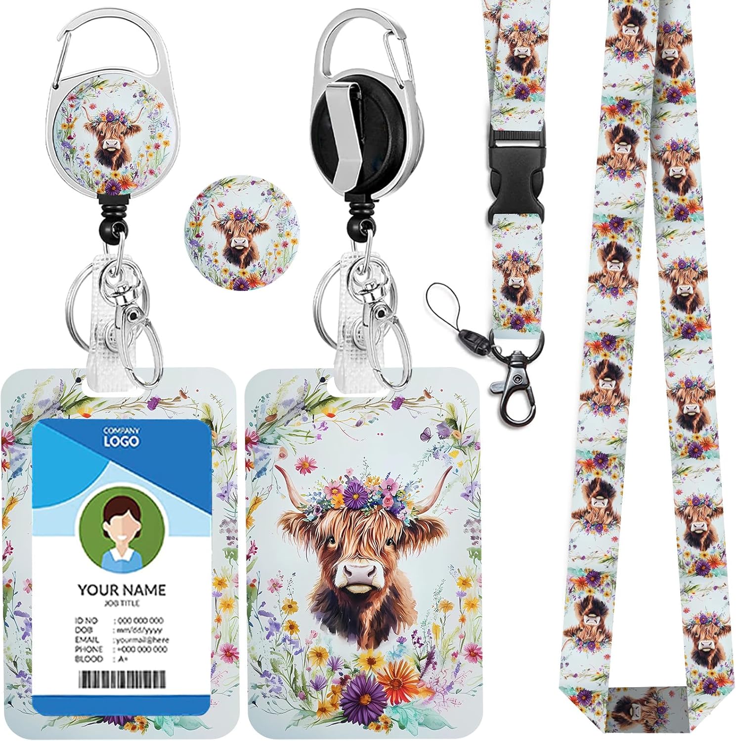Amazon.com : IBOVODI Highland Cow Floral Id Badge Holder with Lanyard ...