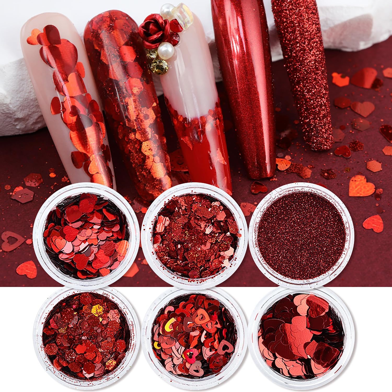 Amazon.com: 6 Boxes Heart Nail Art Glitter 3D Holographic Valentine's ...