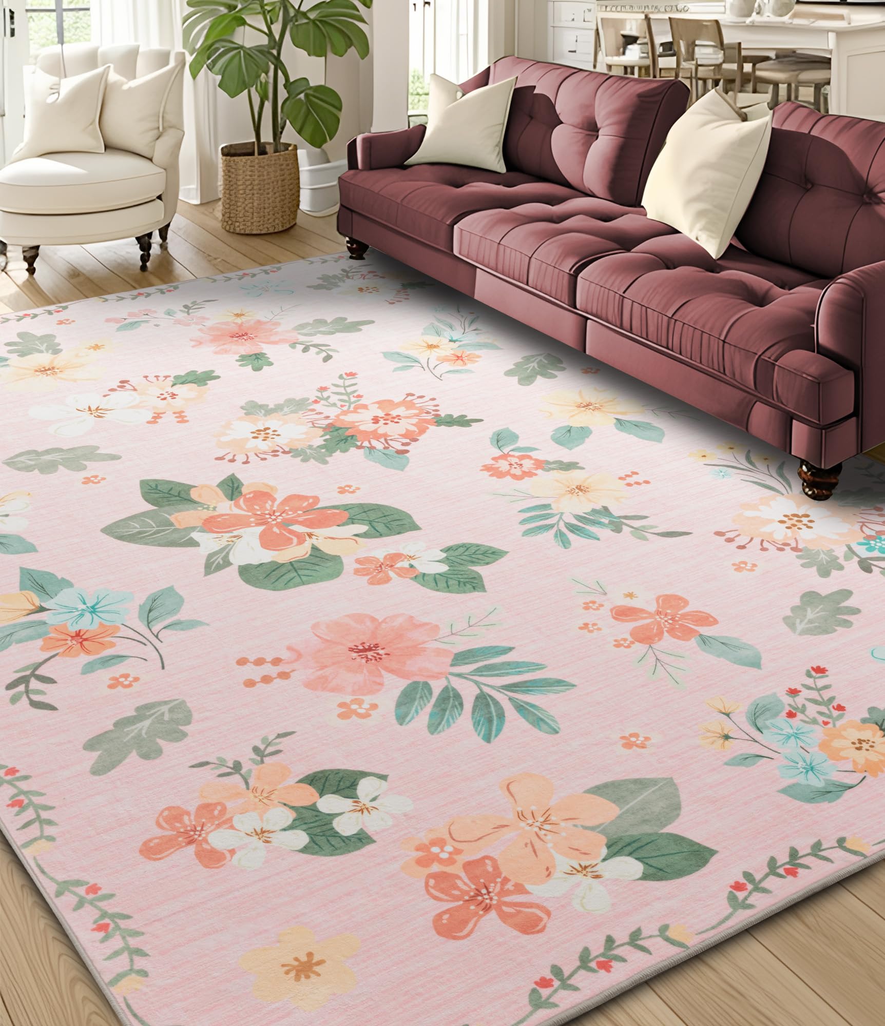 Amazon.com: YIHOUSE Floral Print Pink Washable Area Rug 8'x10'- Large ...