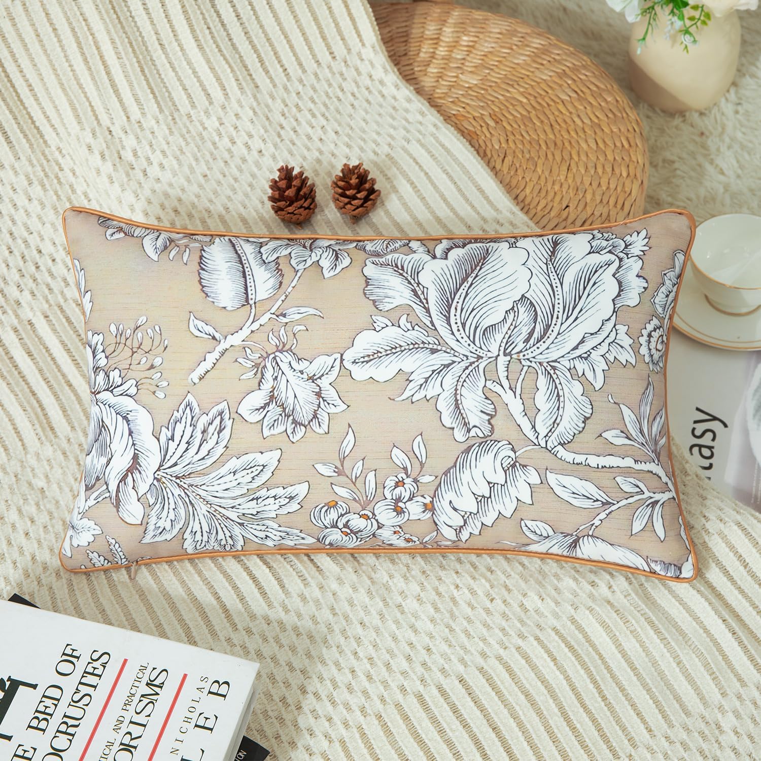 Amazon.com: VOGOL Satin Piping Edge Lumbar Pillow Covers, White Floral ...