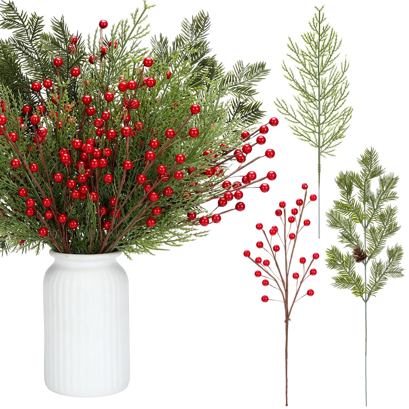 Amazon.com: Tigeen 30 Pcs Christmas Artificial Pine Branches with Berry Stems 16 Inch Christmas ...