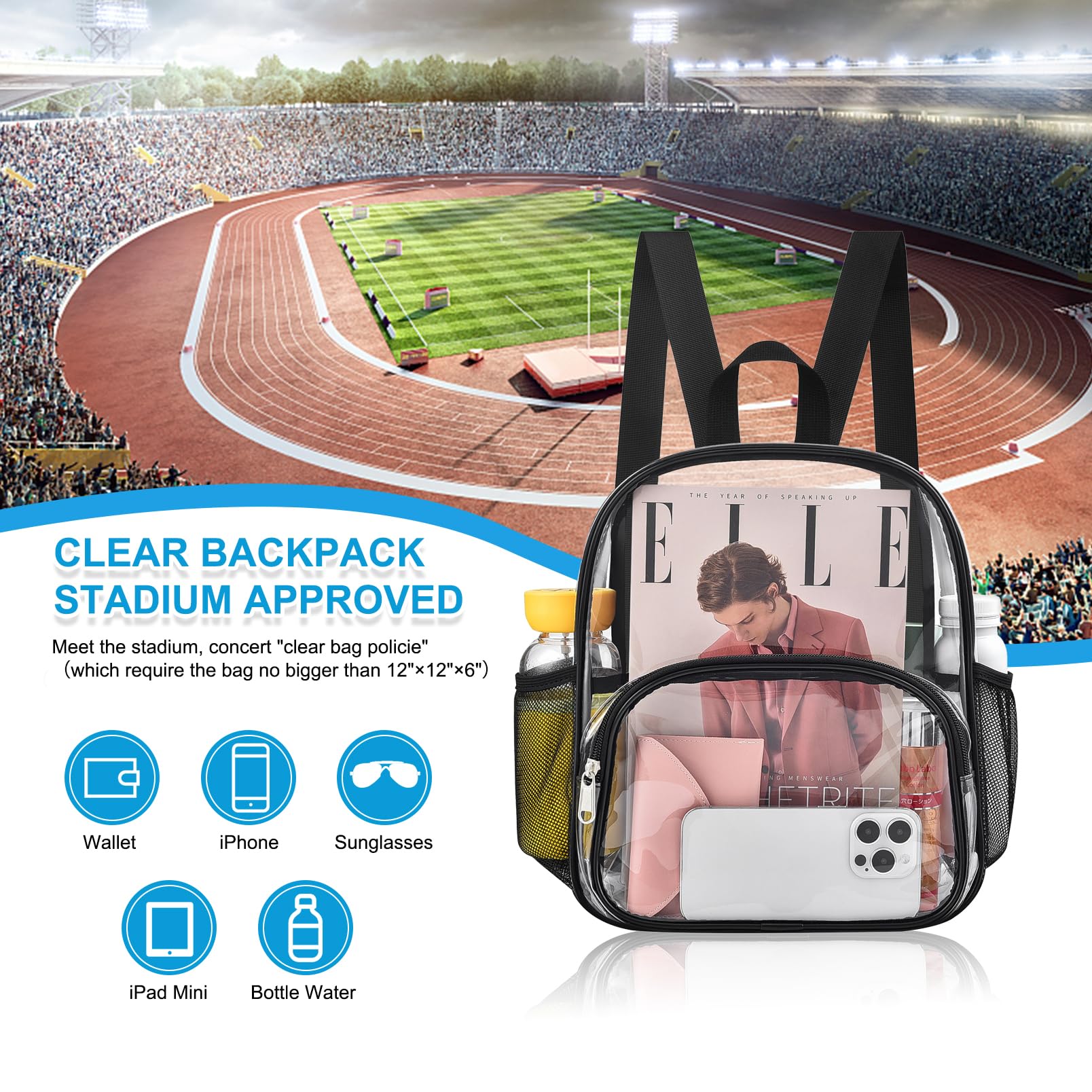 Busiuw Clear Backpack Stadium Approved, Clear Backpack 12x12x6 Mini ...
