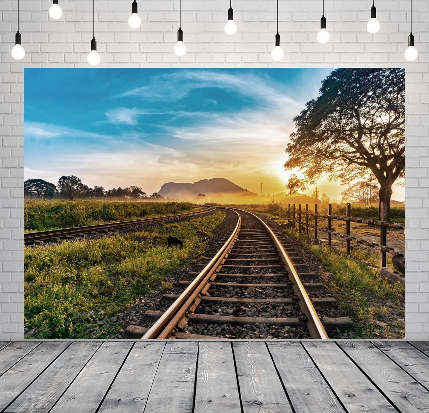 Amazon.com : BELECO 15x8ft Fabric Summer Dusk Train Tracks Backdrop ...