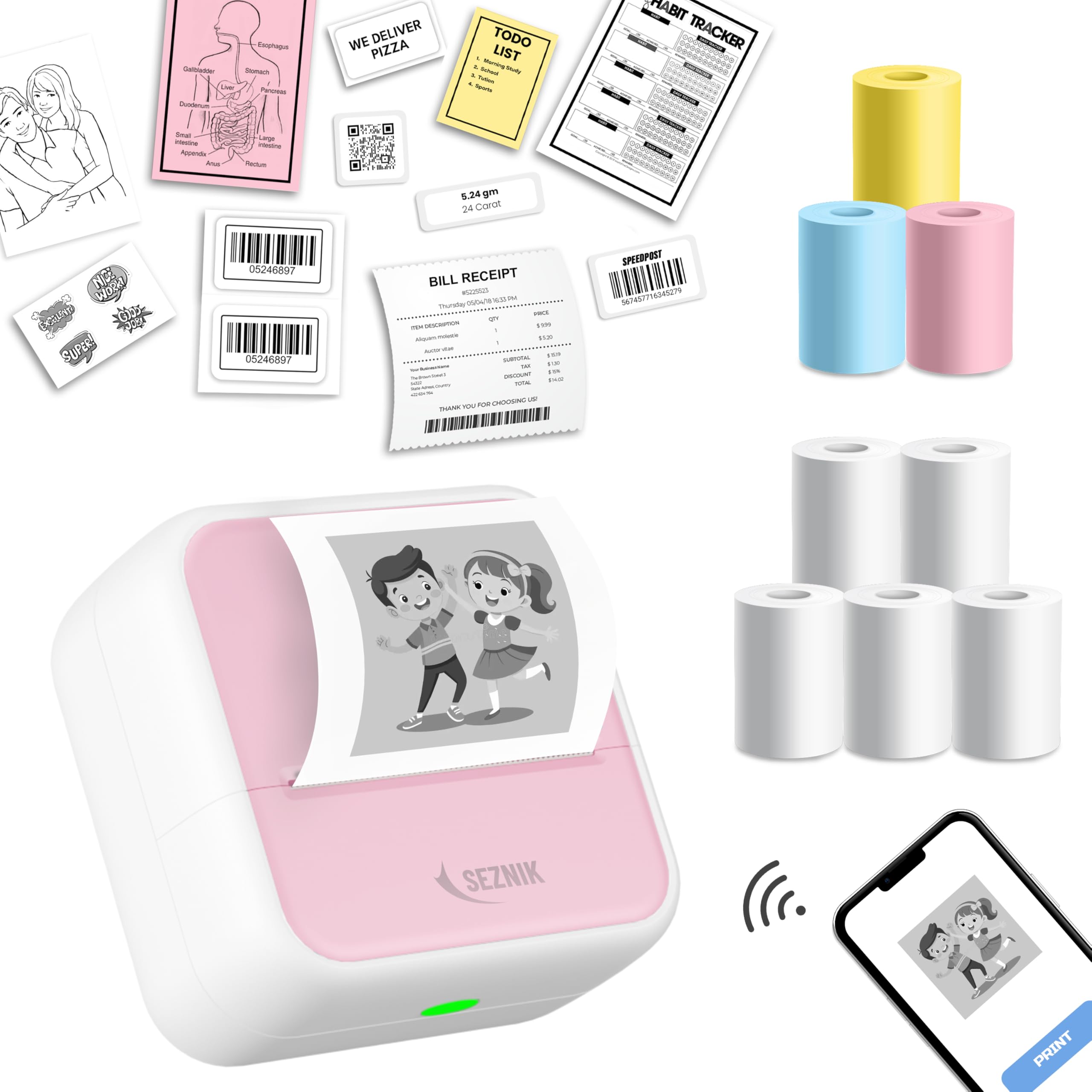 SEZNIK Mini Printer, Inkless, Thermal, Bluetooth, Portable Printer ...