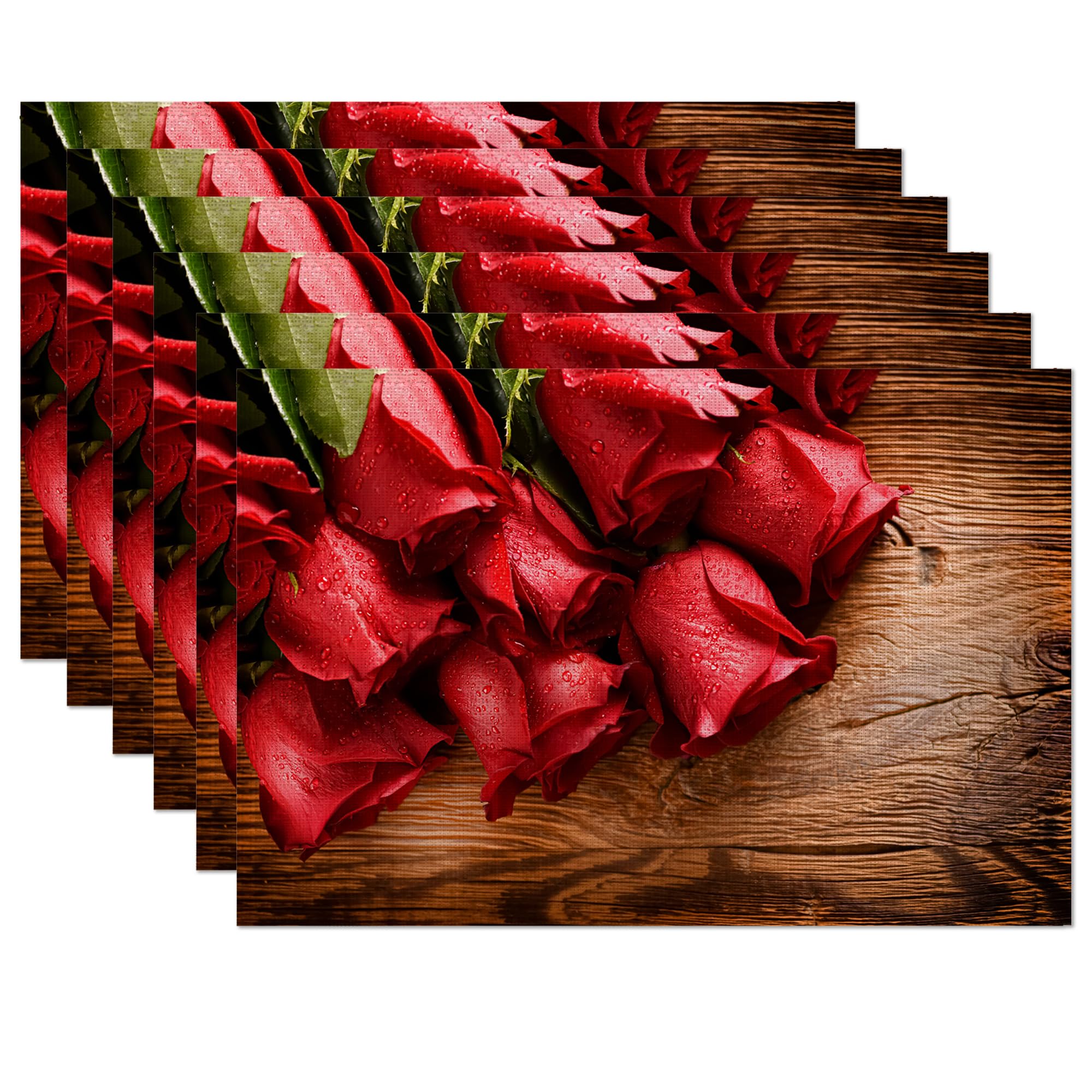 Amazon.com: Vintage Wood Panel Red Rose Placemats Set of 6,Valentine's ...