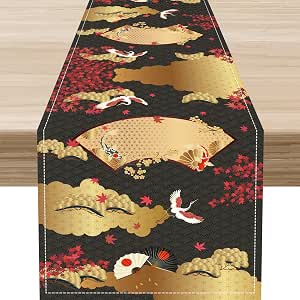 Amazon.com: Oriental Table Runner,Black Gold Koi Fish Maple Crane Birds ...