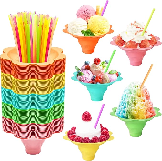 Amazon.com: Qinsihwn 200 Pcs Colorful Snow Cone Cups with Spoon Straws ...