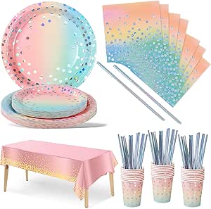 Nkaiso Party Tableware 126 Piece Rainbow and Silver Paper Tableware Set ...