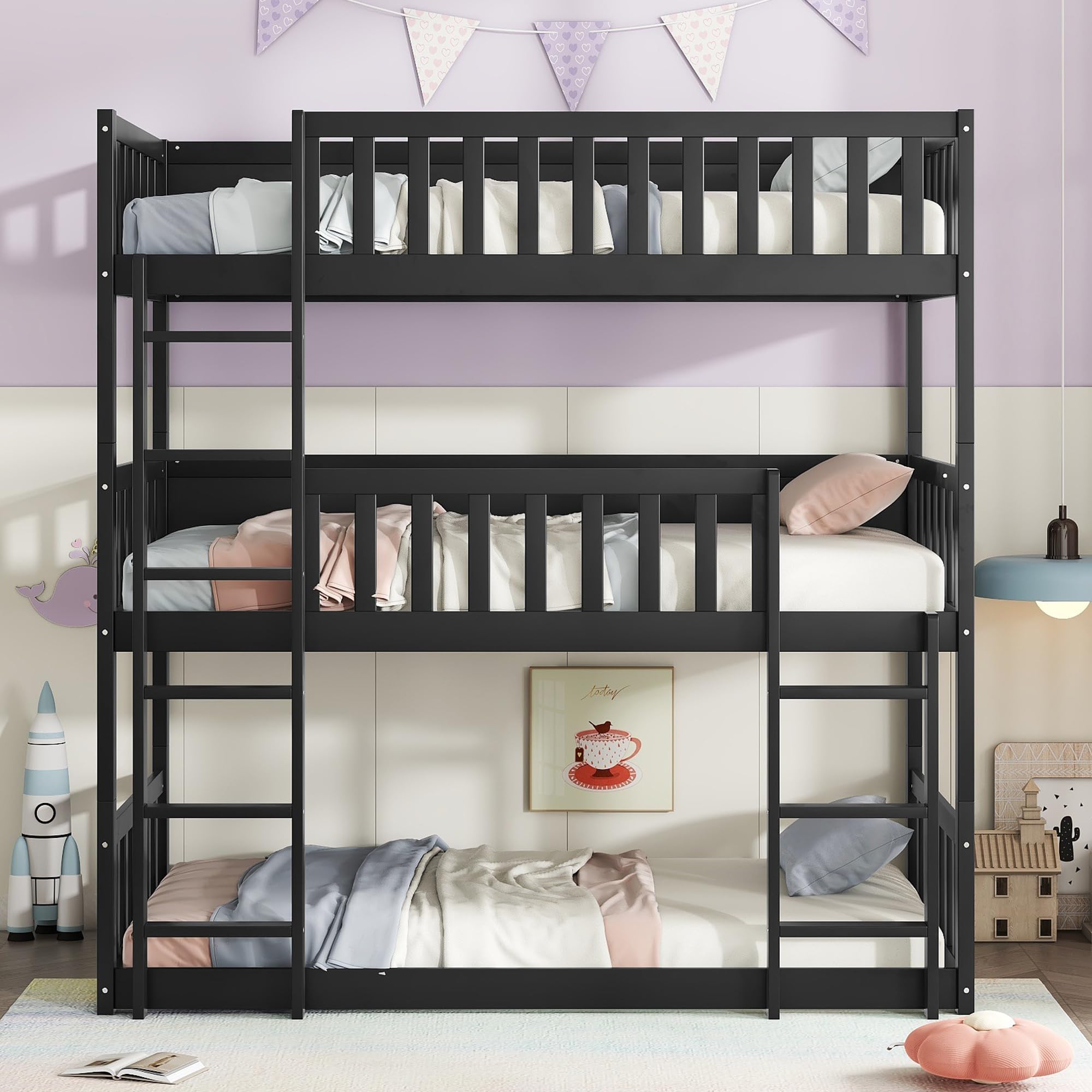 Amazon.com: jurmiture Twin Size Triple Rubber Wood Bunk Bed, Detachable ...