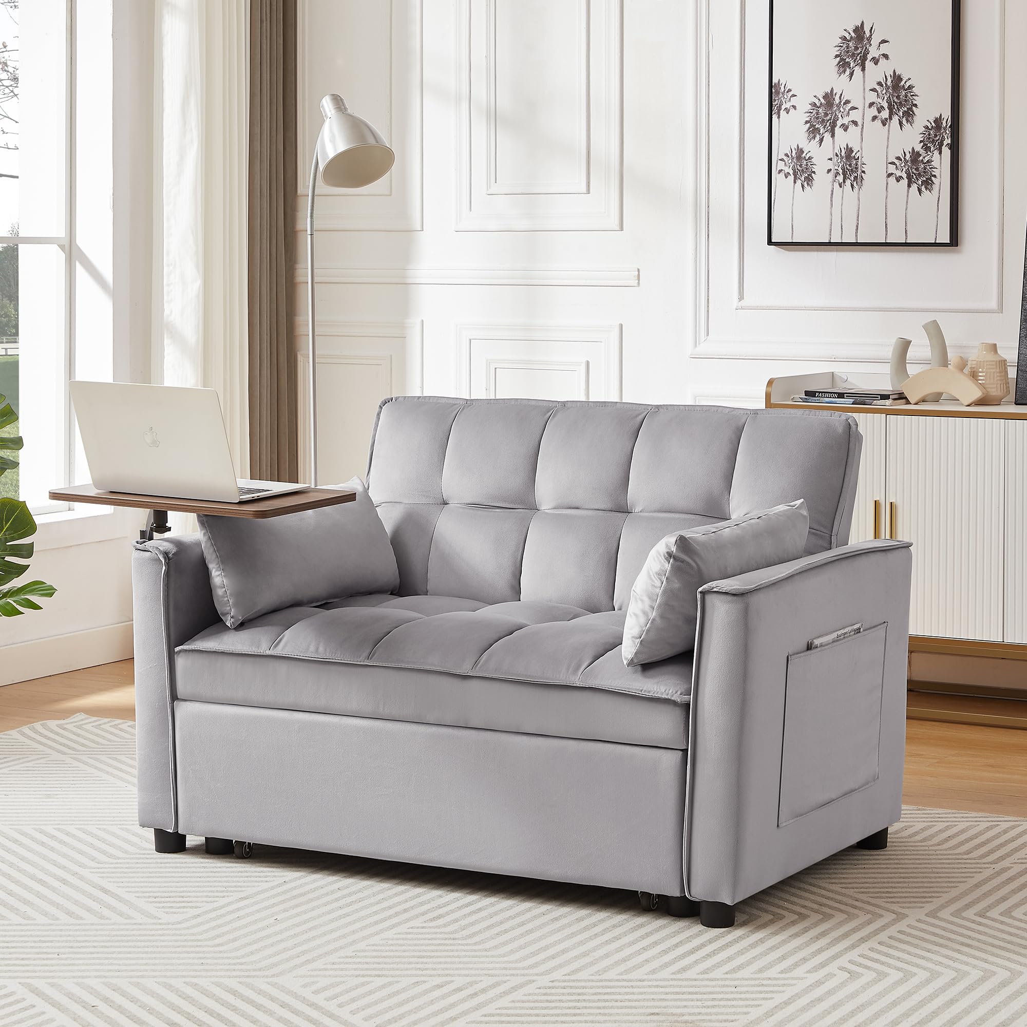 Grey Velvet Loveseat Sleeper Sofa Bed with Side Table