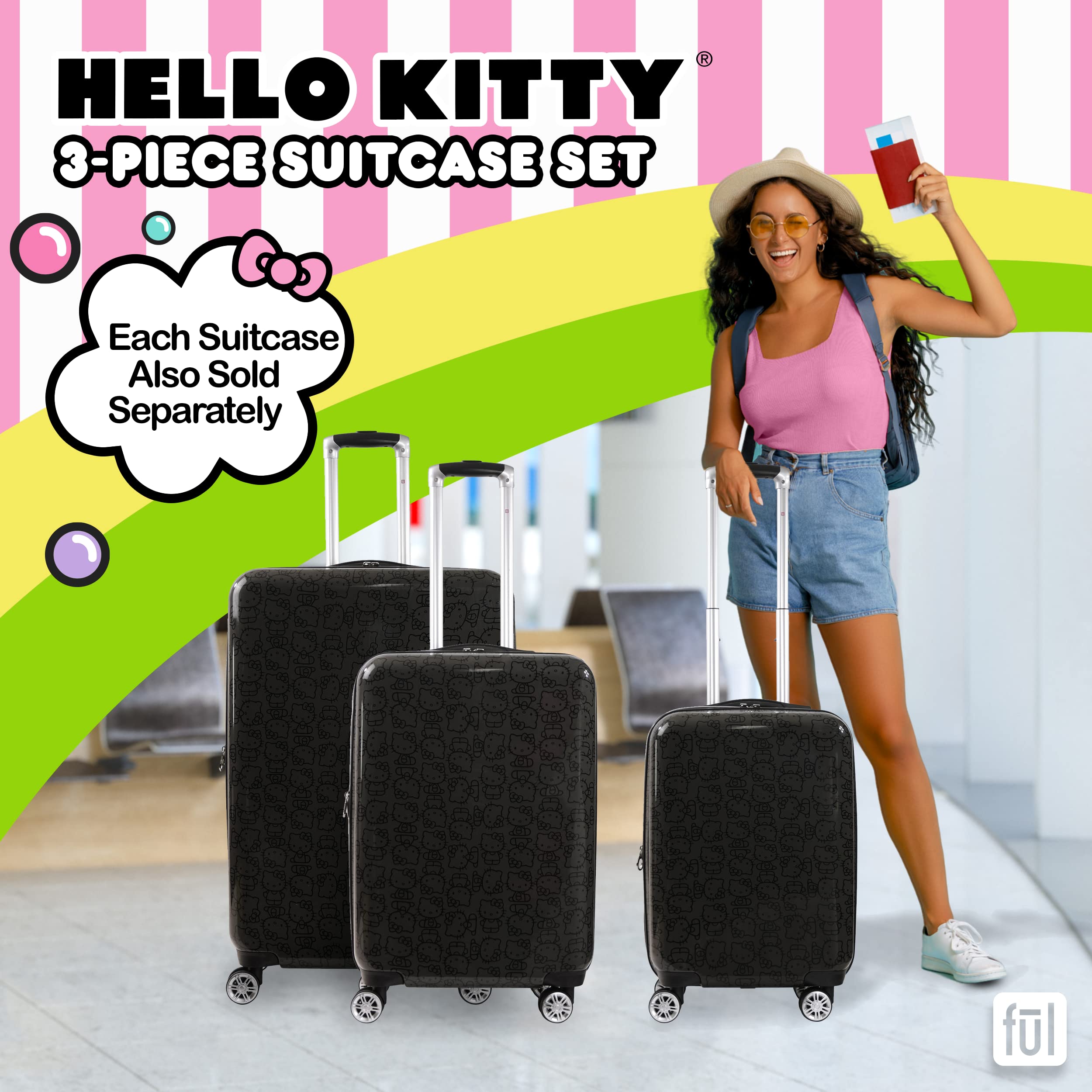 FUL Hello Kitty 3 Piece Set Rolling Luggage, Hardshell Suitcase with ...