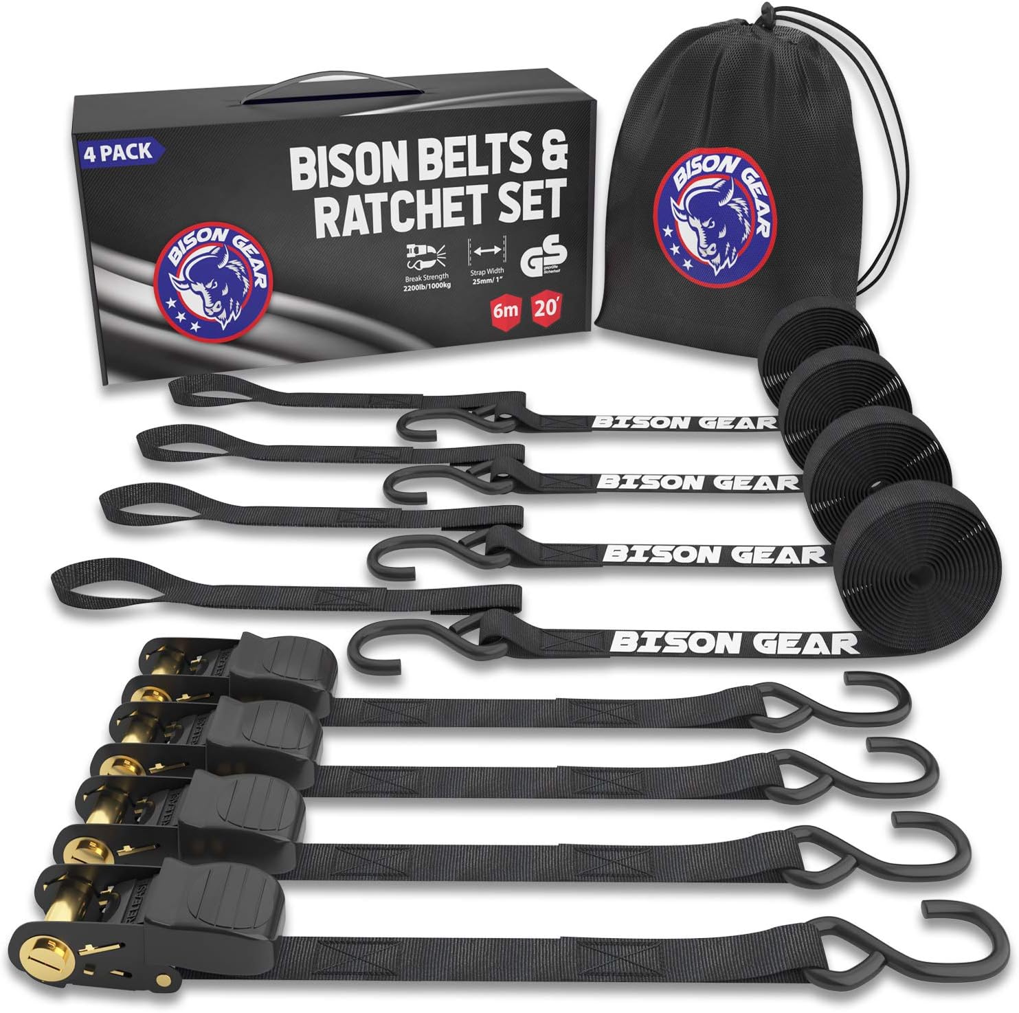 Amazon.com: Ratchet Tie Down Straps 20ft 4 Pack by Bison Gear® UV ...