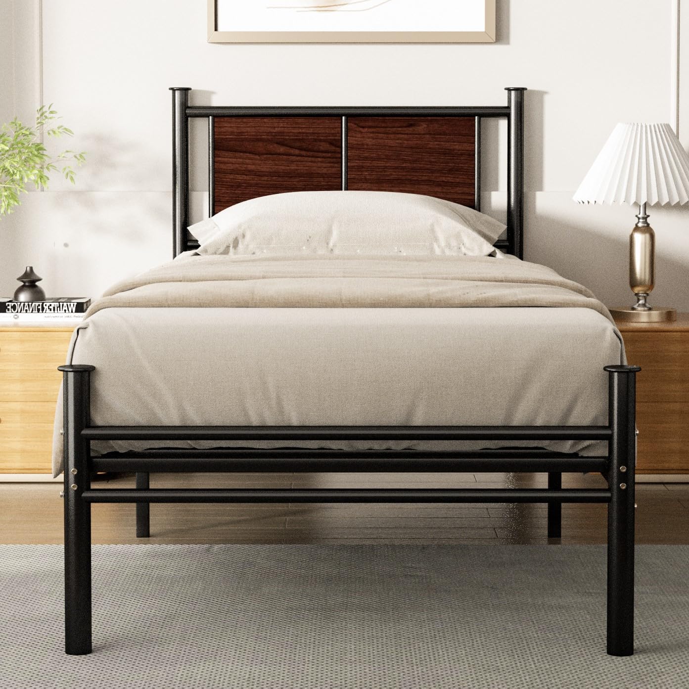 HAOARA Twin Size Bed Frame with Rustic Wood Headboard, Metal Heavy Duty ...