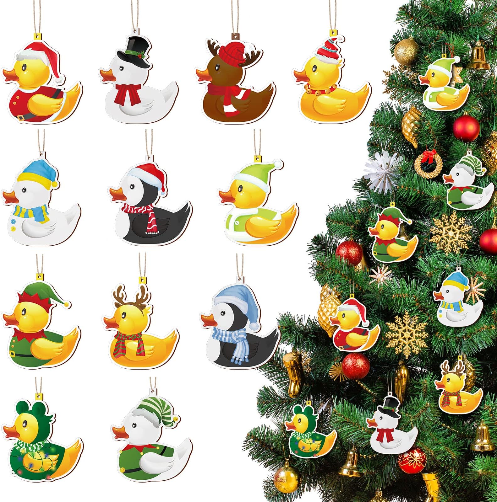 Amazon.com: Chunful 48 Pcs Christmas Duck Ornament Wooden Duck Hanging ...