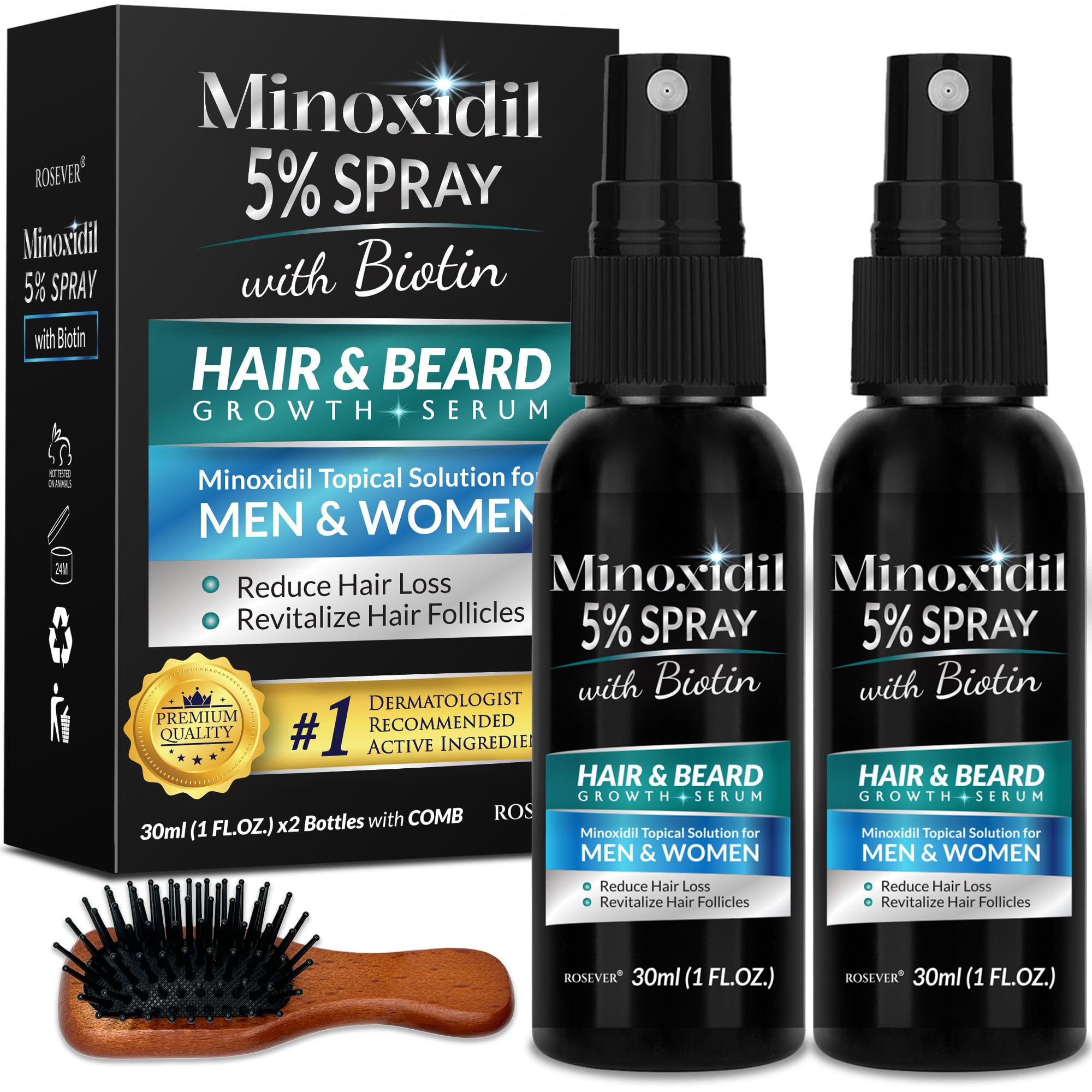 Amazon.com : Rosever 5% Minoxidil Regrowth Spray for Hair and Beard ...