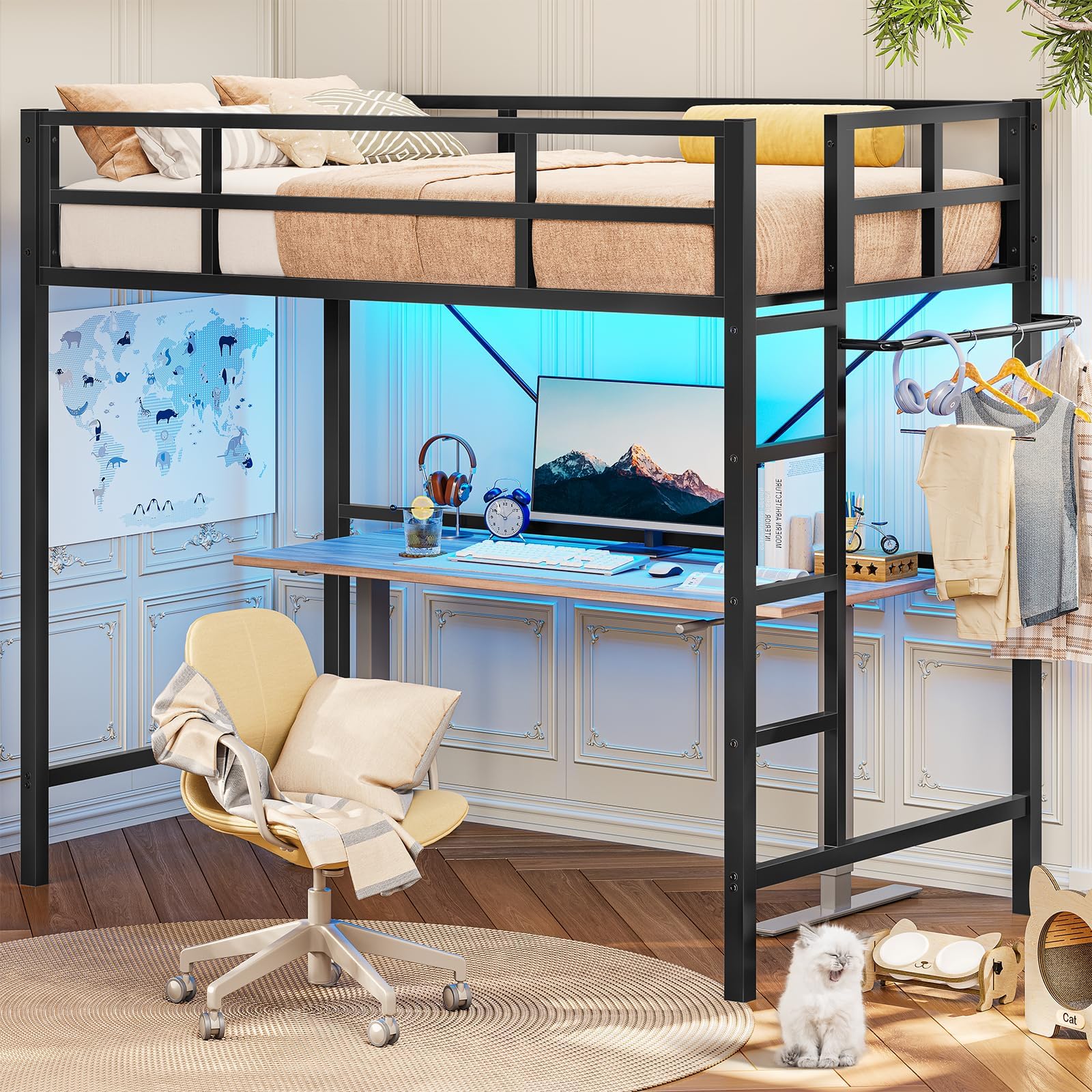 Amazon.com: Hasuit Twin Loft Bed with LED Lights, Metal Loft Bed Twin ...