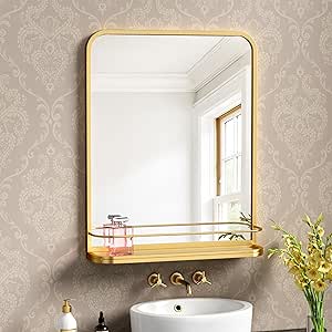 Amazon.com: Gold Bathroom Mirror with Shelf 26.8x21.3 Inch Metal Framed ...
