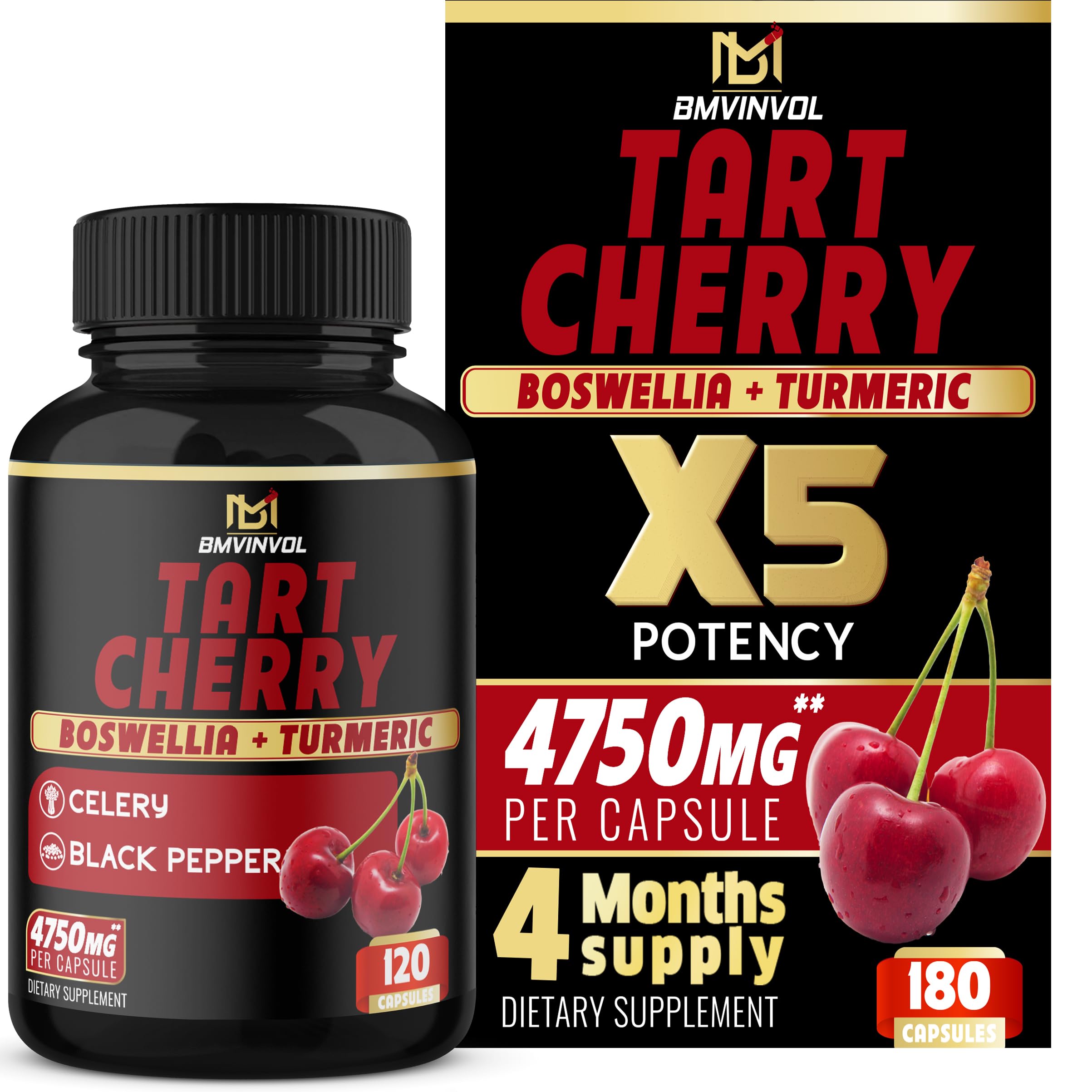 Tart Cherry Supplement - 120 Capsules - 4750mg with Boswellia, Turmeric ...
