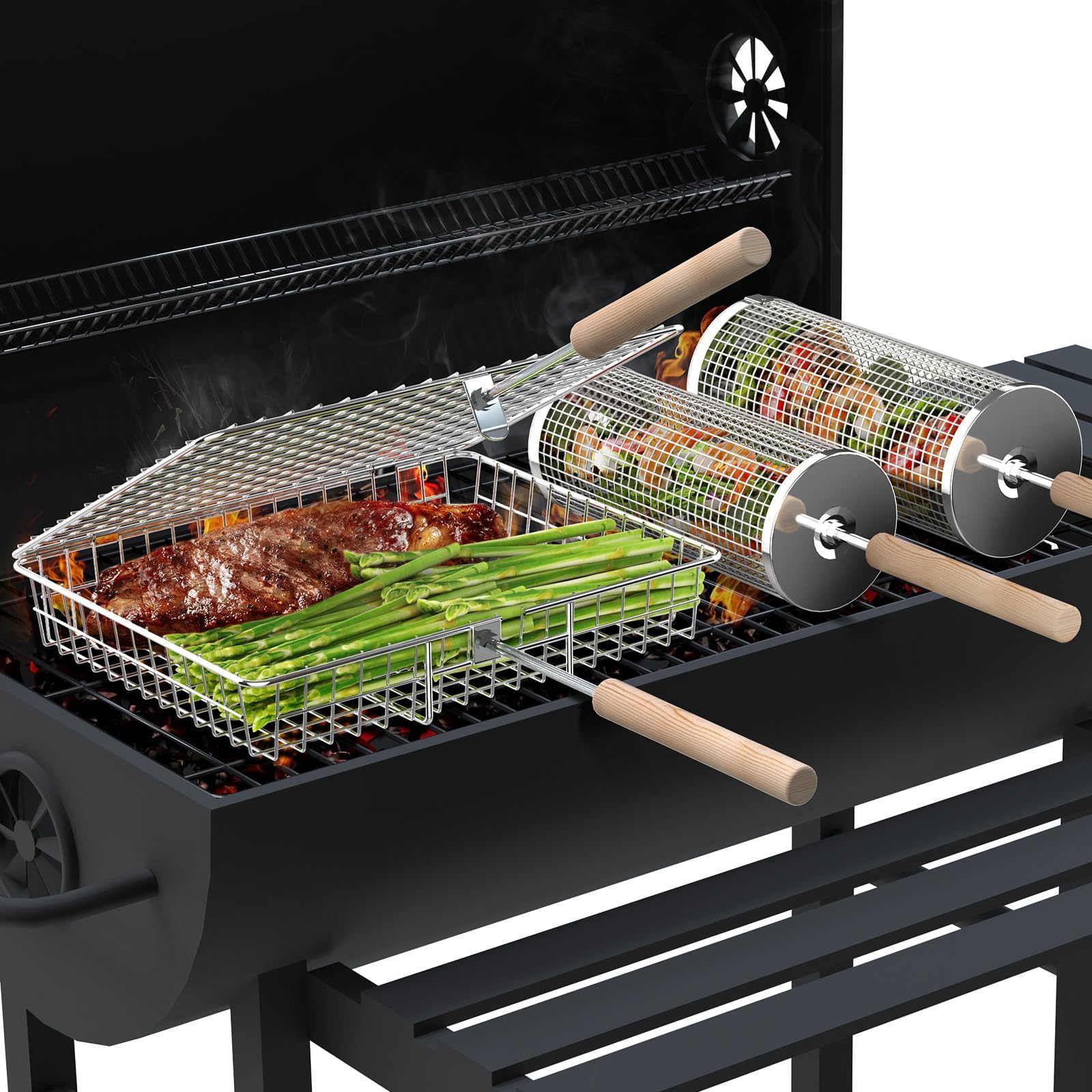 Amazon.com: Grill Basket for Outdoor Camping,BBQ Grill Basket, Rolling ...