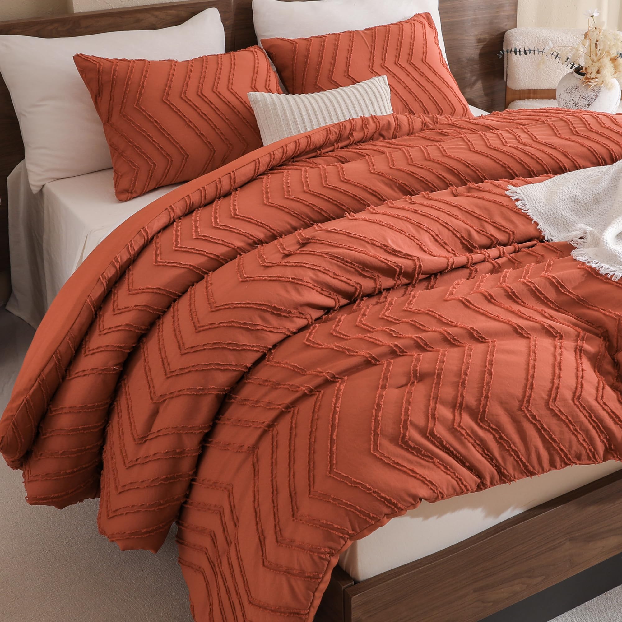 Amazon.com: Litanika Queen Comforter Set Terracotta,Boho Chevron Tufted ...