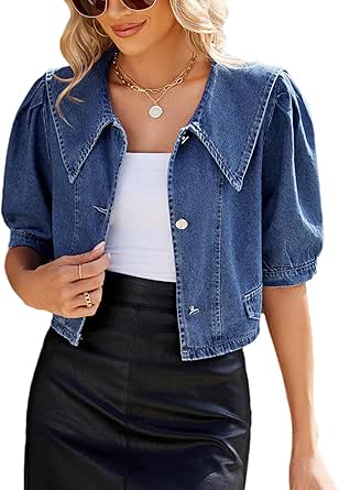 Sdipipo Womens Casual Jacket Cute Short Puff Sleeves Button Down ...