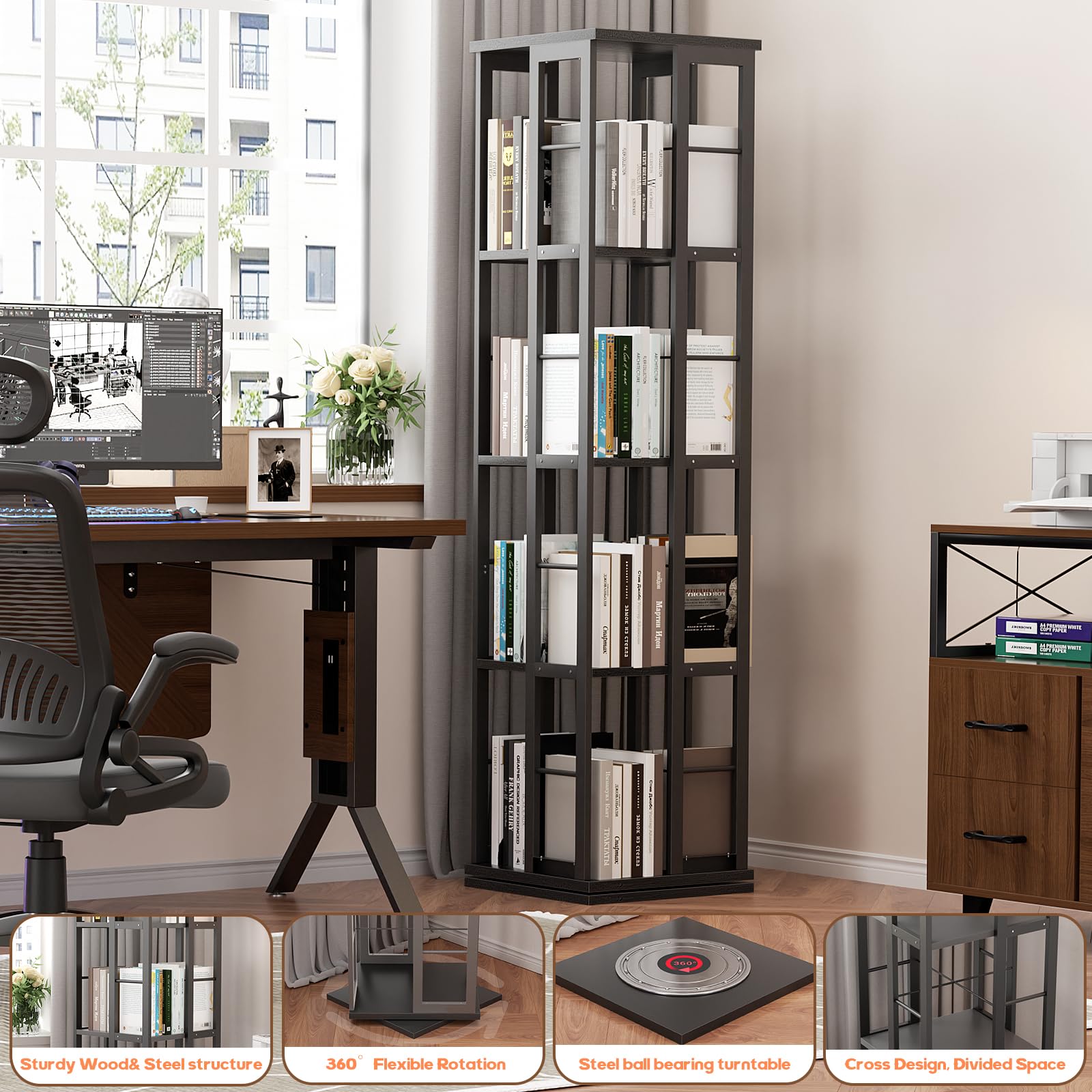 Snapklik.com : Rotating Bookshelf, Corner Bookshelf, 360 Display Wood ...