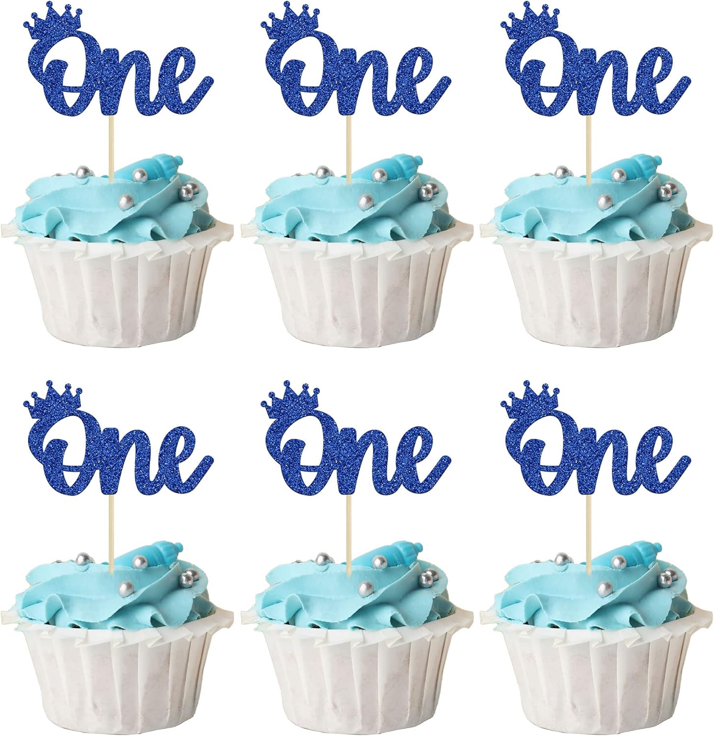 Amazon.com: 24Pcs Crown Cupcake Toppers Blue Glitter Crown One Cupcake ...