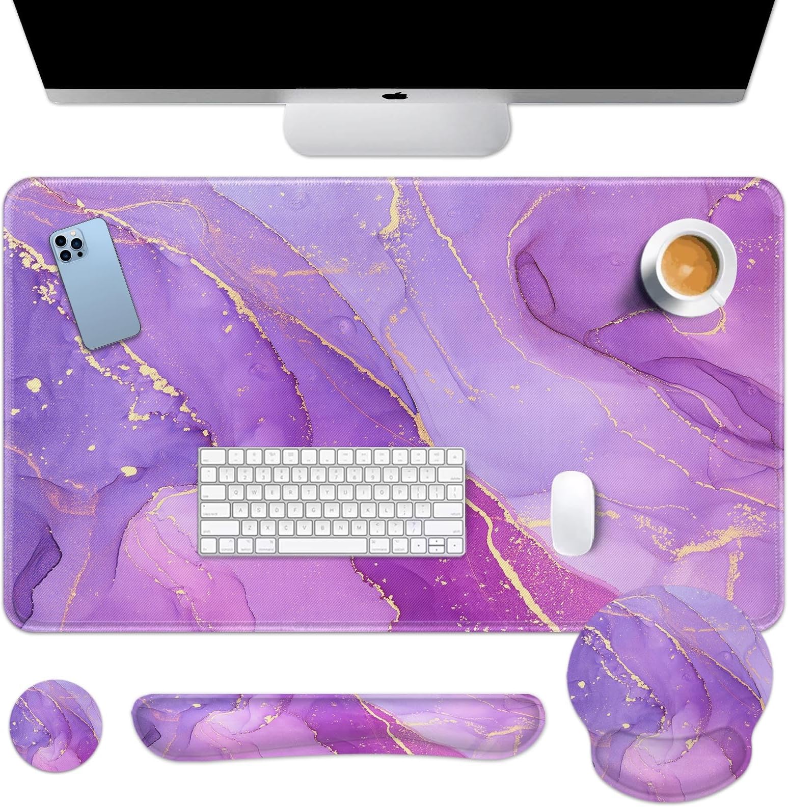 Amazon.com: Britown Desk Mat, Painting Golden Purple Marble Mouse Pad ...