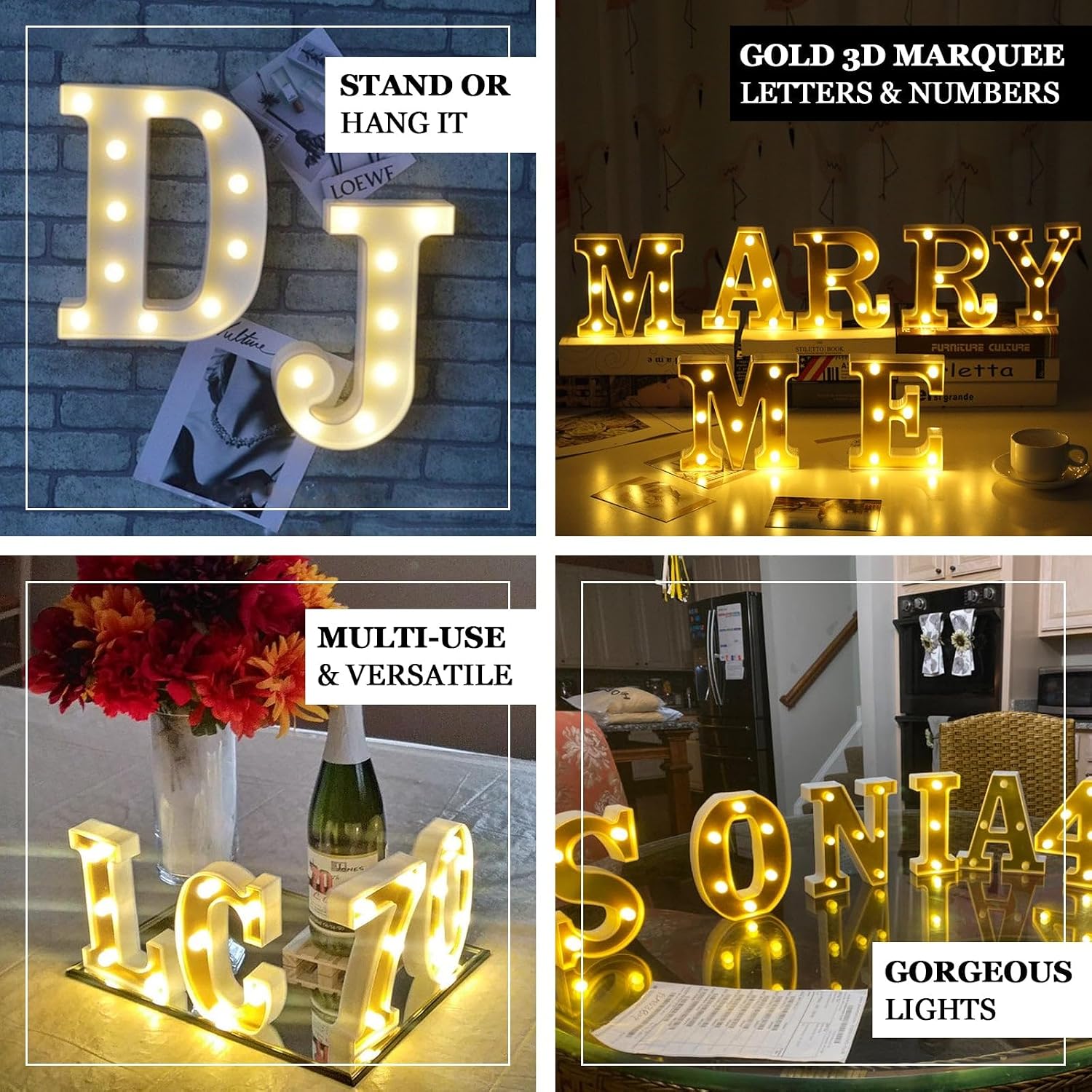 Efavormart – Letras de marquesina dorada 3D de 6 pulgadas, 5 letras LED ...