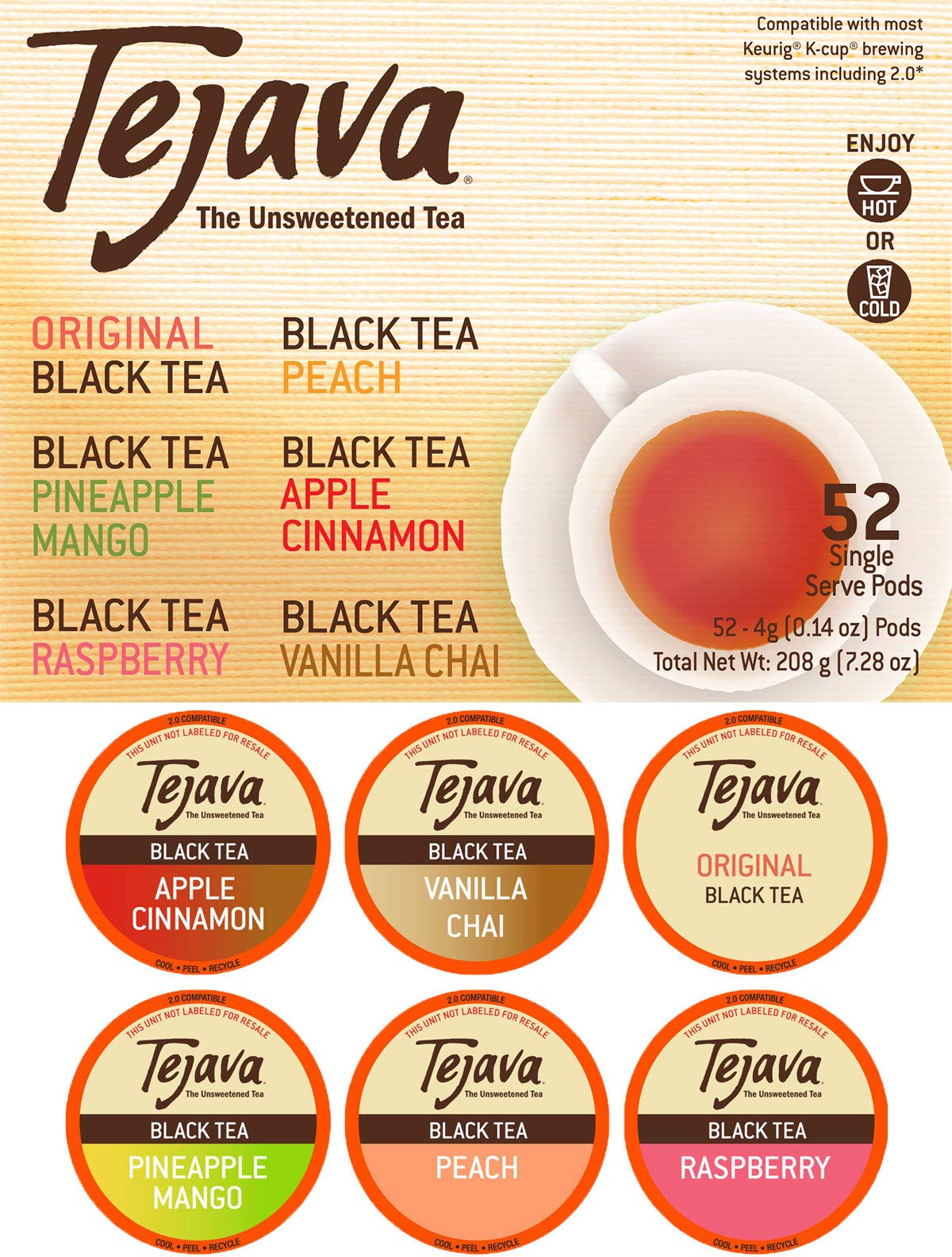 Tejava Tea Variety Pack, 52ct. 6 All Natural Unsweetened Flavored ...