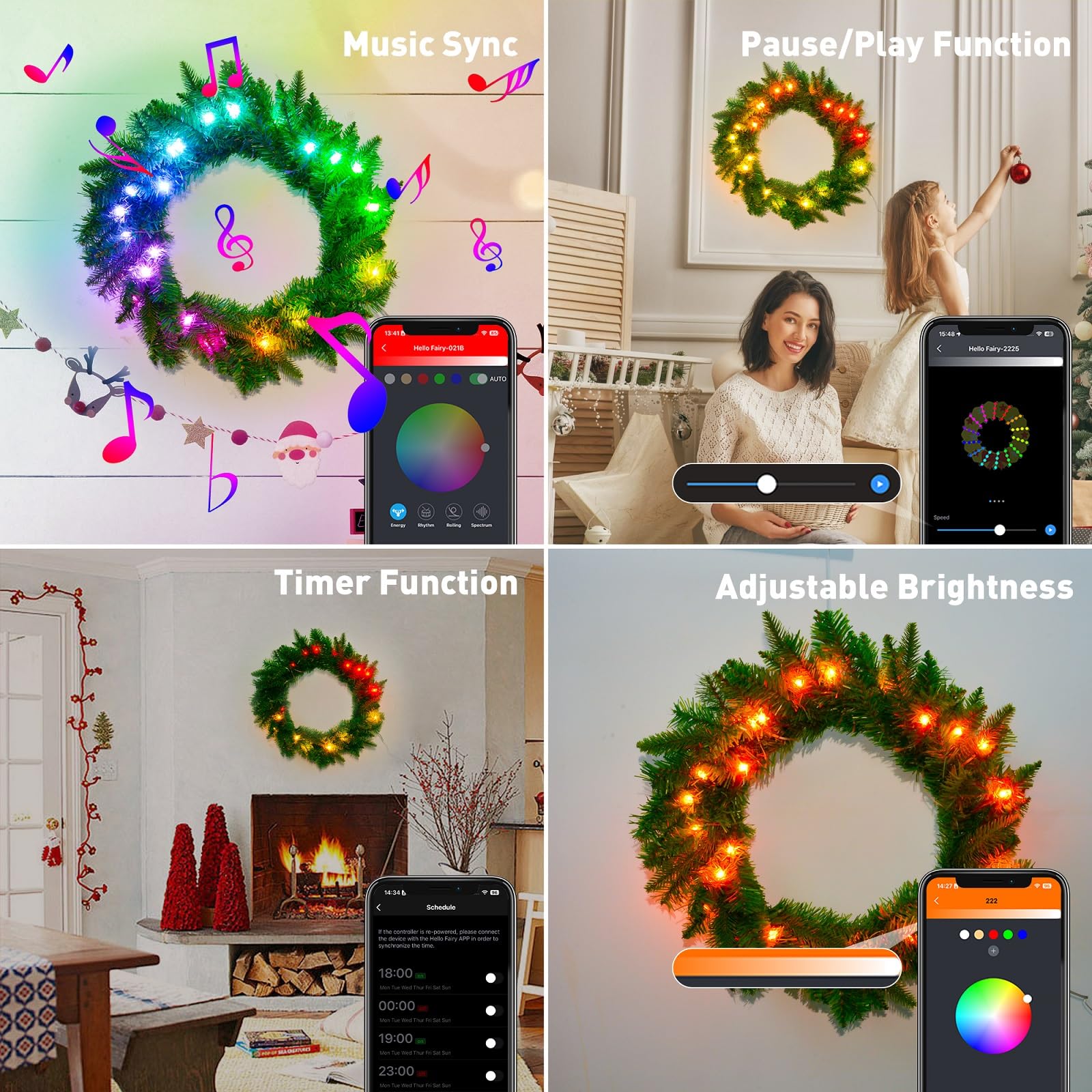 24 Inch Christmas Wreath Lighted App Remote Control, Pre-Lit Front Door ...